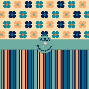 Orange and Blue Digital Paper Pack, Orange and Blue Floral Pattern ...