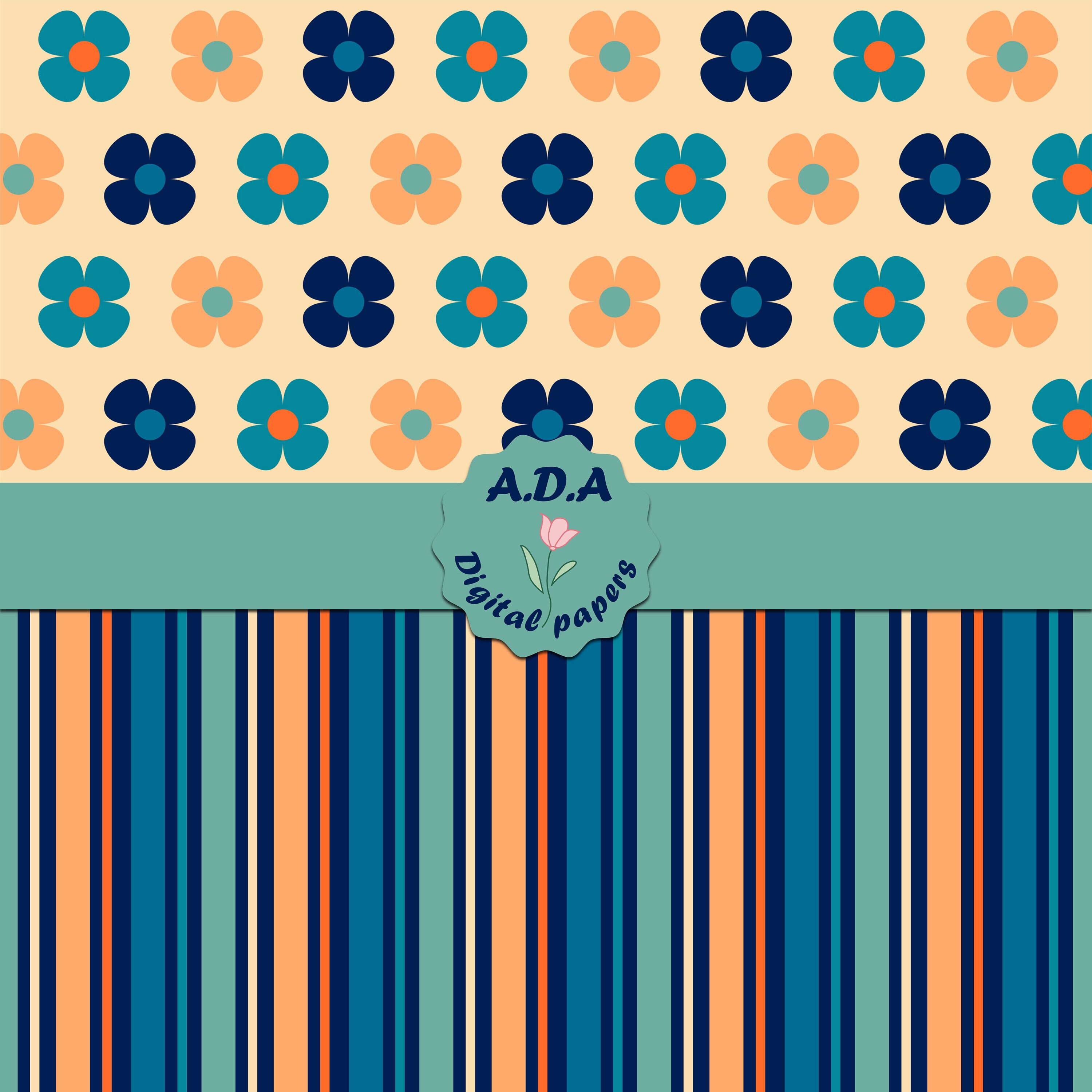 Orange and Blue Digital Paper Pack Orange and Blue Floral - Etsy