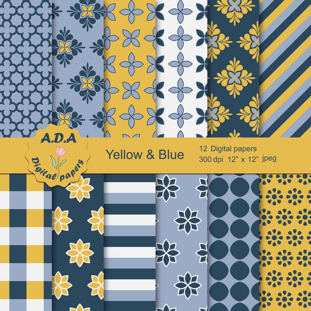 Yellow and Blue Pattern Texture Digital Paper, 12"x12" Jpeg Background ...