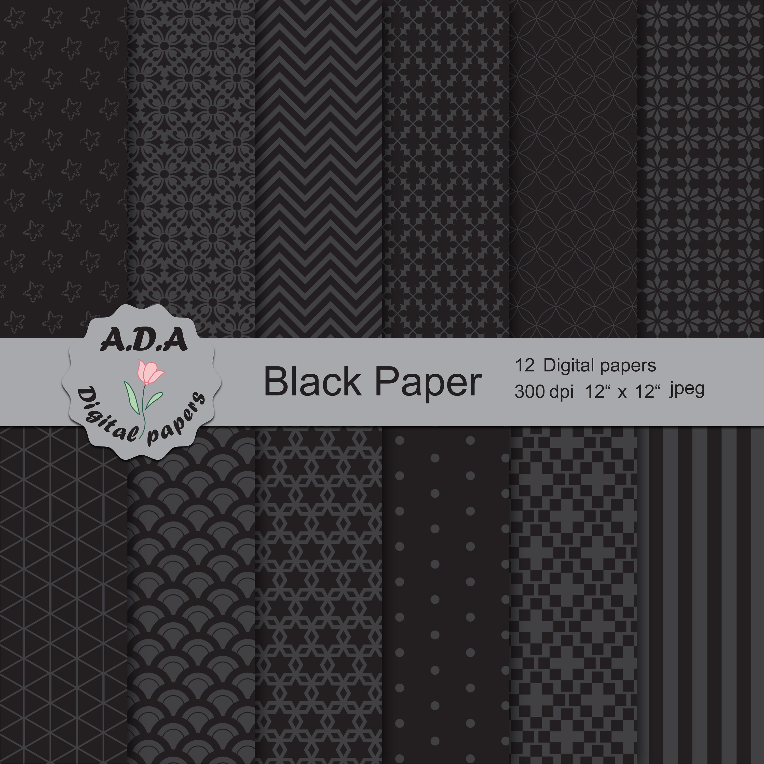 Black Digital Paper, Black Geometric Pattern, Black Scrapbook Paper ...