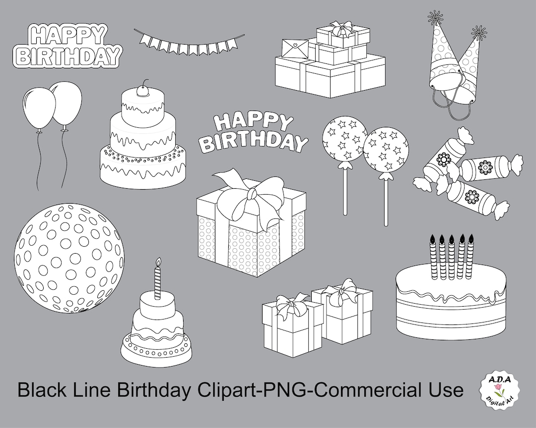 Black Line Birthday Clipart, Birthday Clip Art, Black and White ...