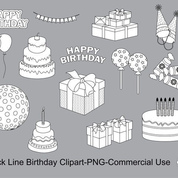 Birthday Clip Art Black and White - Etsy