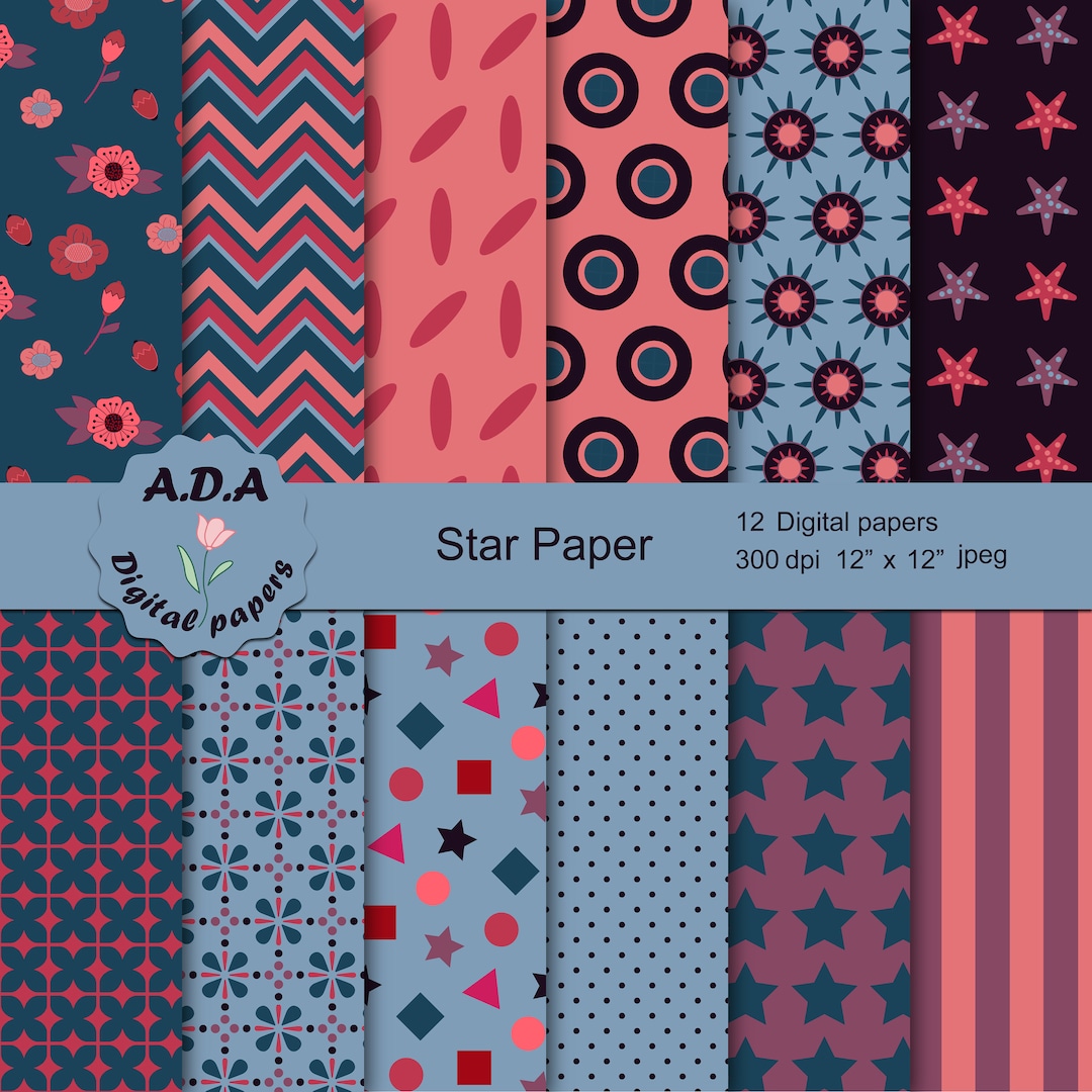 Star Digital Paper Pack, Scrapbook Papers, Craft Paper, Blue and Pink ...
