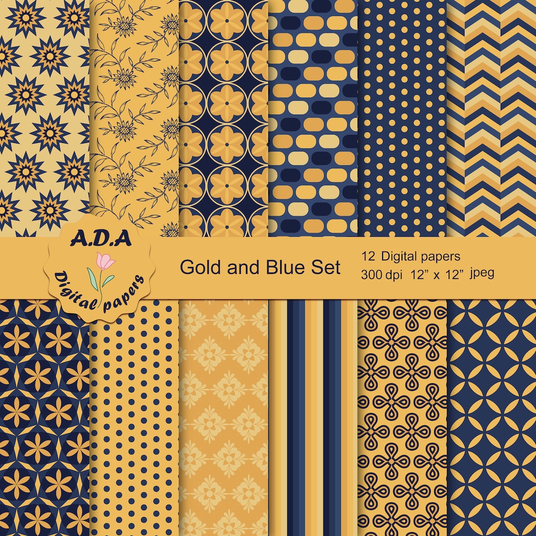 Gold and Blue Digital Paper Pack, Scrapbooking Papers, Gold and Blue ...