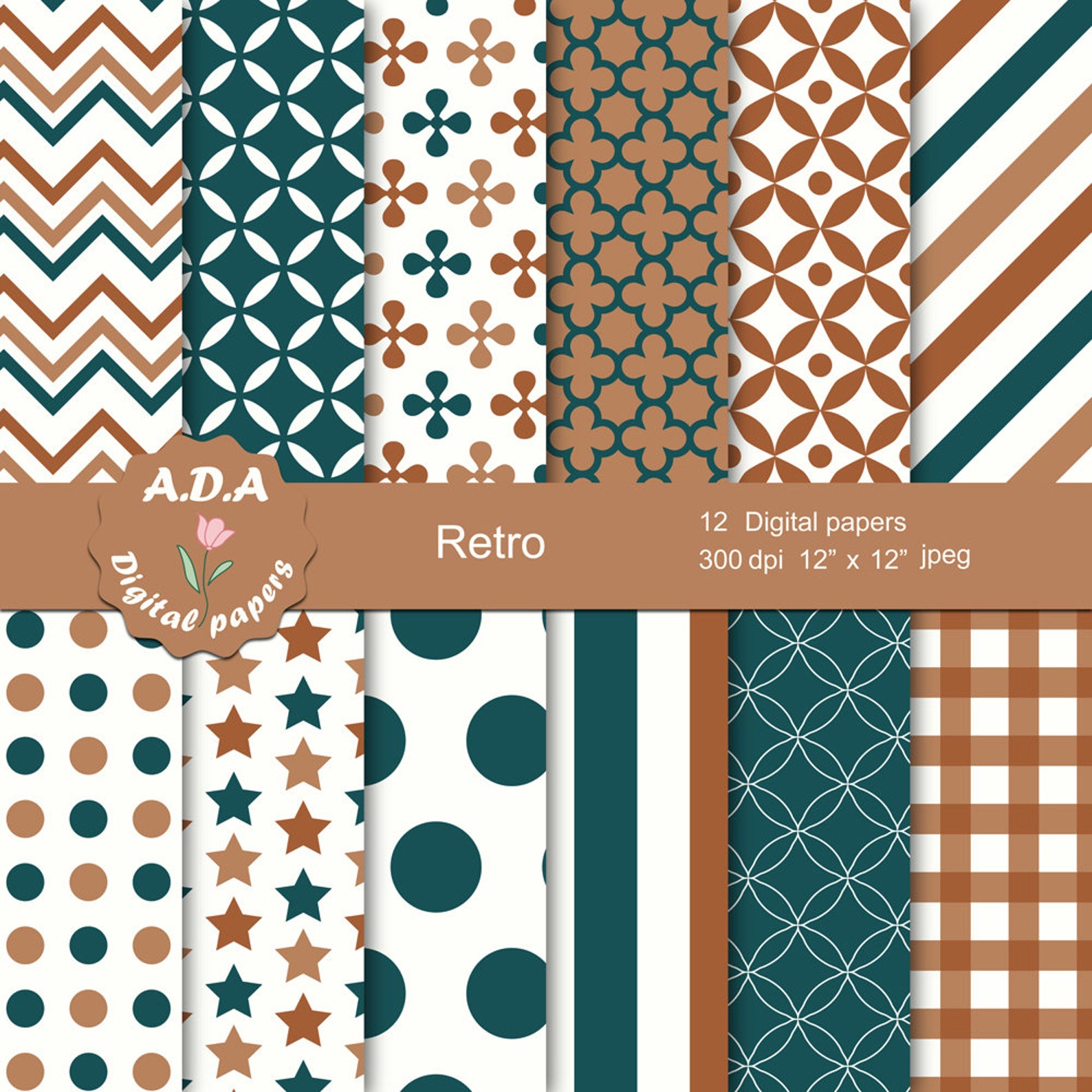 Retro Paper Pack, Scrapbook Papers, Retro Paper, Retro Pattern, Digital ...