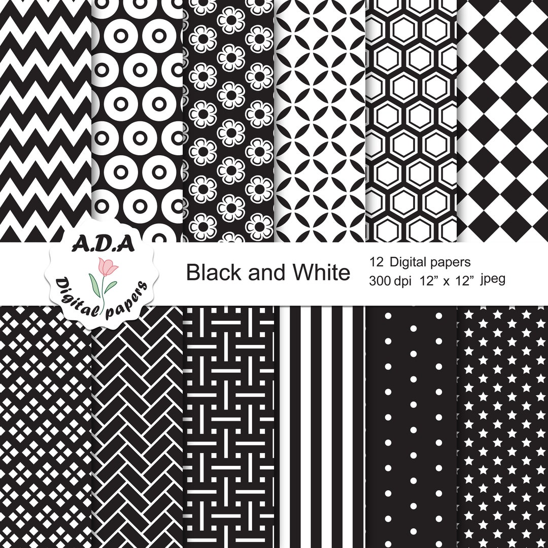Black and White Digital Paper Pack, Black Scrapbooking Paper, Black and ...