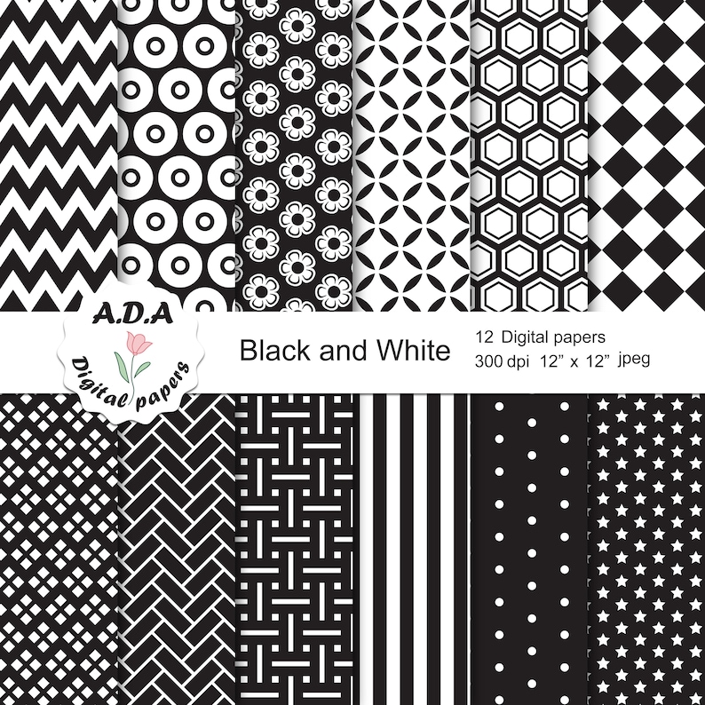 Black and White Digital Paper Pack, Black Scrapbooking Paper, Black and ...