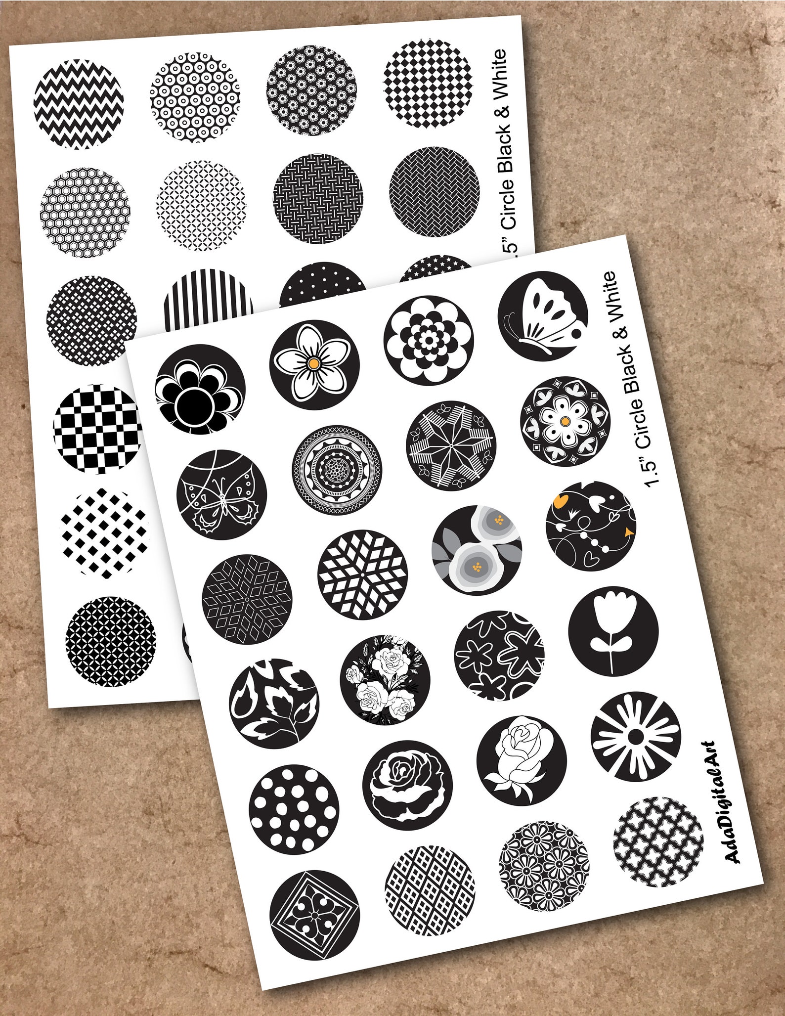 Black and White Digital Collage Sheet, 1" and 1.5" Circle Collage Sheet ...