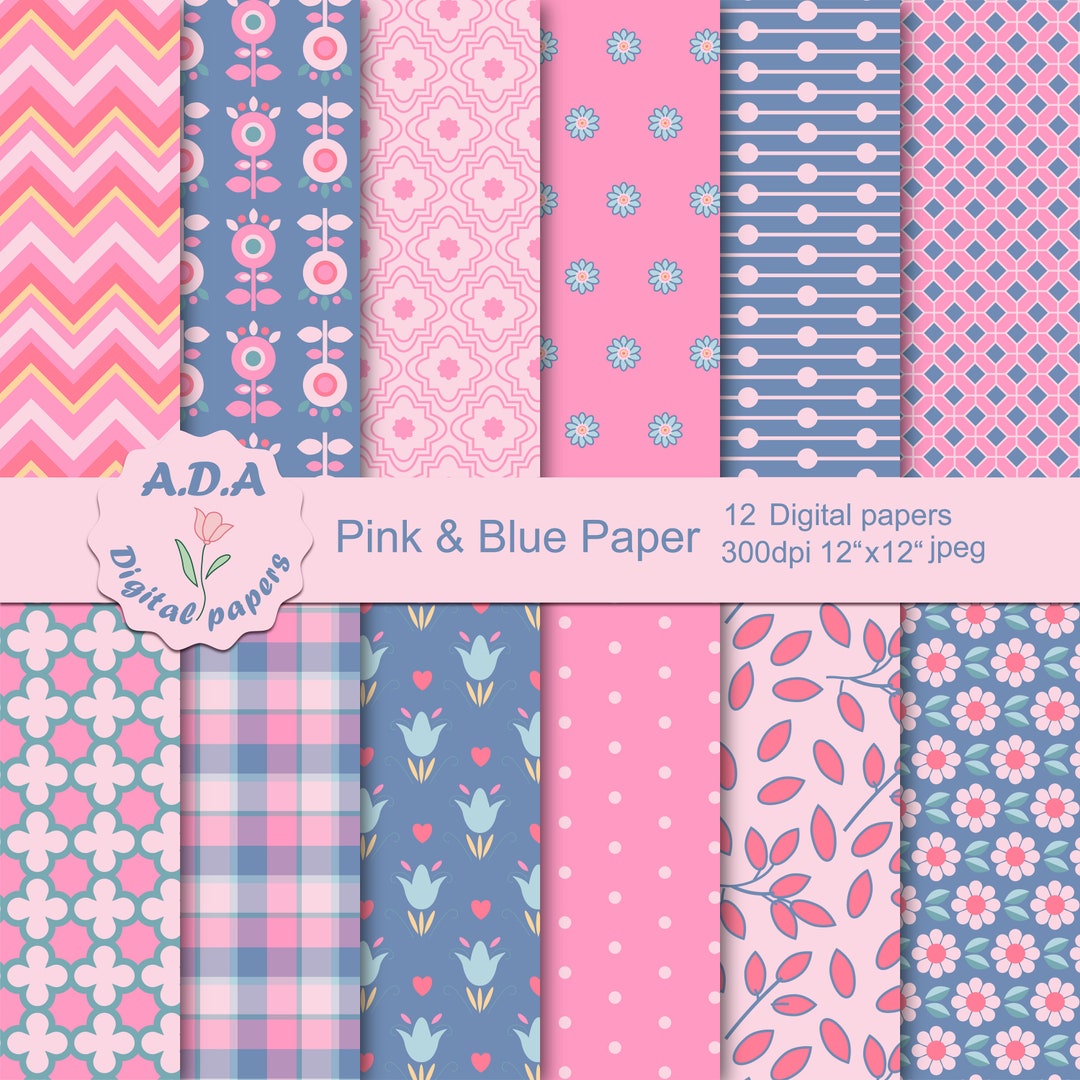 Pink and Blue Digital Paper Pack, Floral Scrapbooking Paper, Spring ...