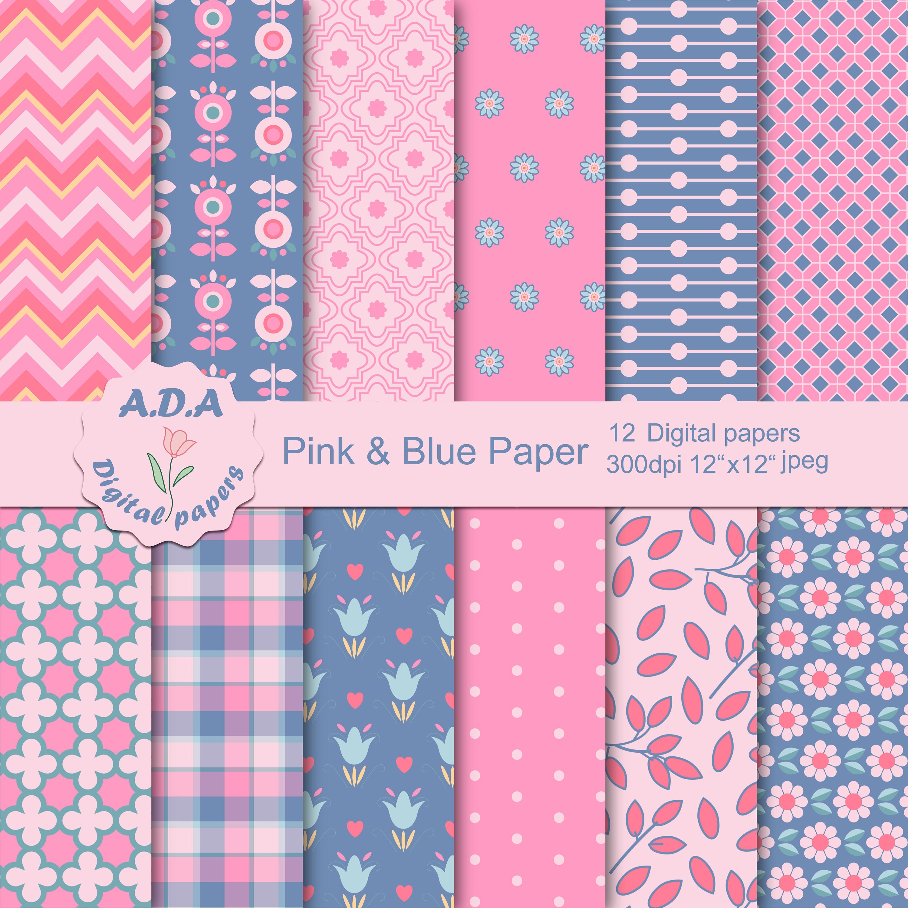 Pink and Blue Digital Paper Pack, Floral Scrapbooking Paper, Spring ...