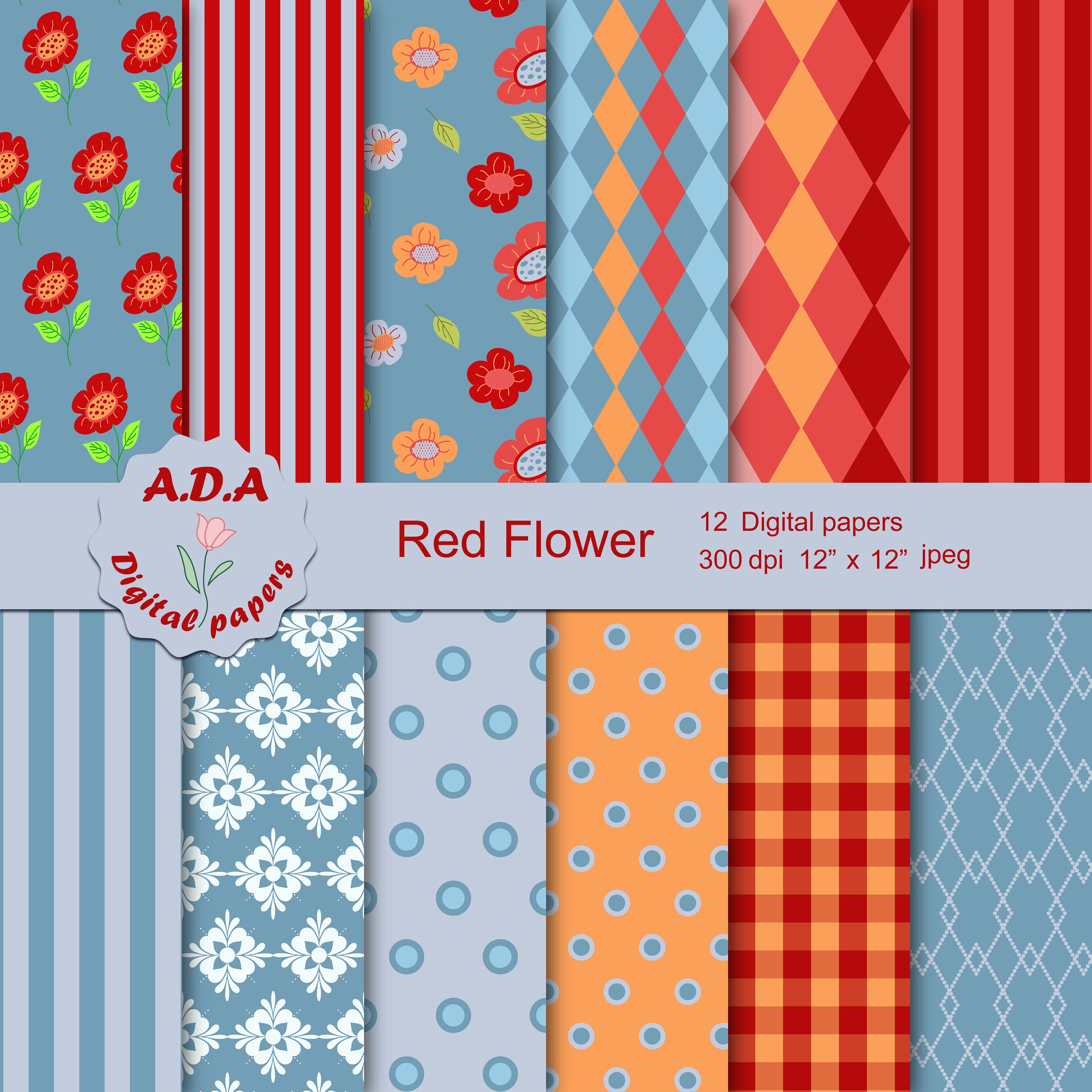 Floral Digital Paper Pack, Red and Blue Background, Blue and Red Paper ...