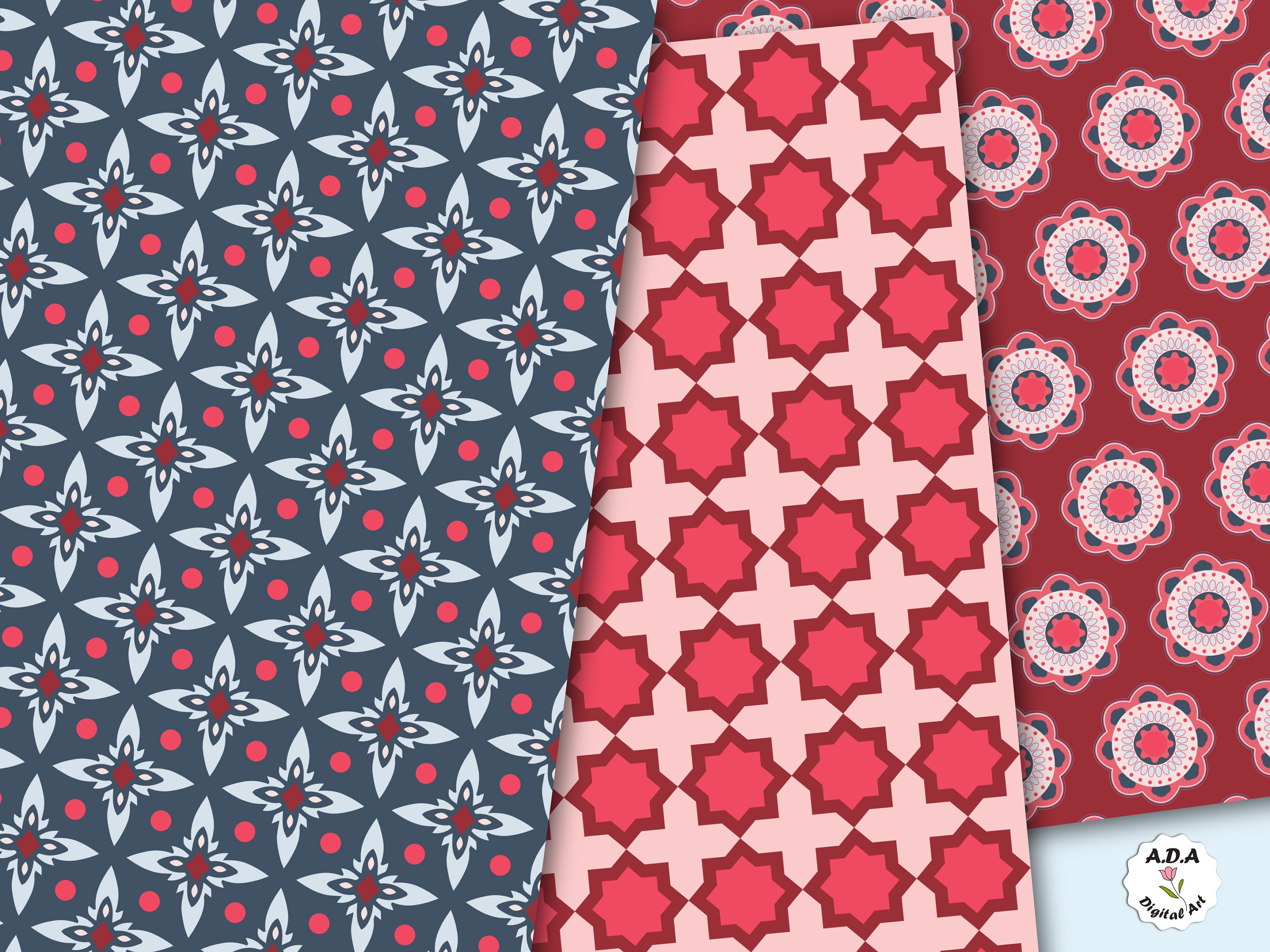 Red and Blue Digital Paper Pack, Red and Blue Scrapbook Paper, Red ...