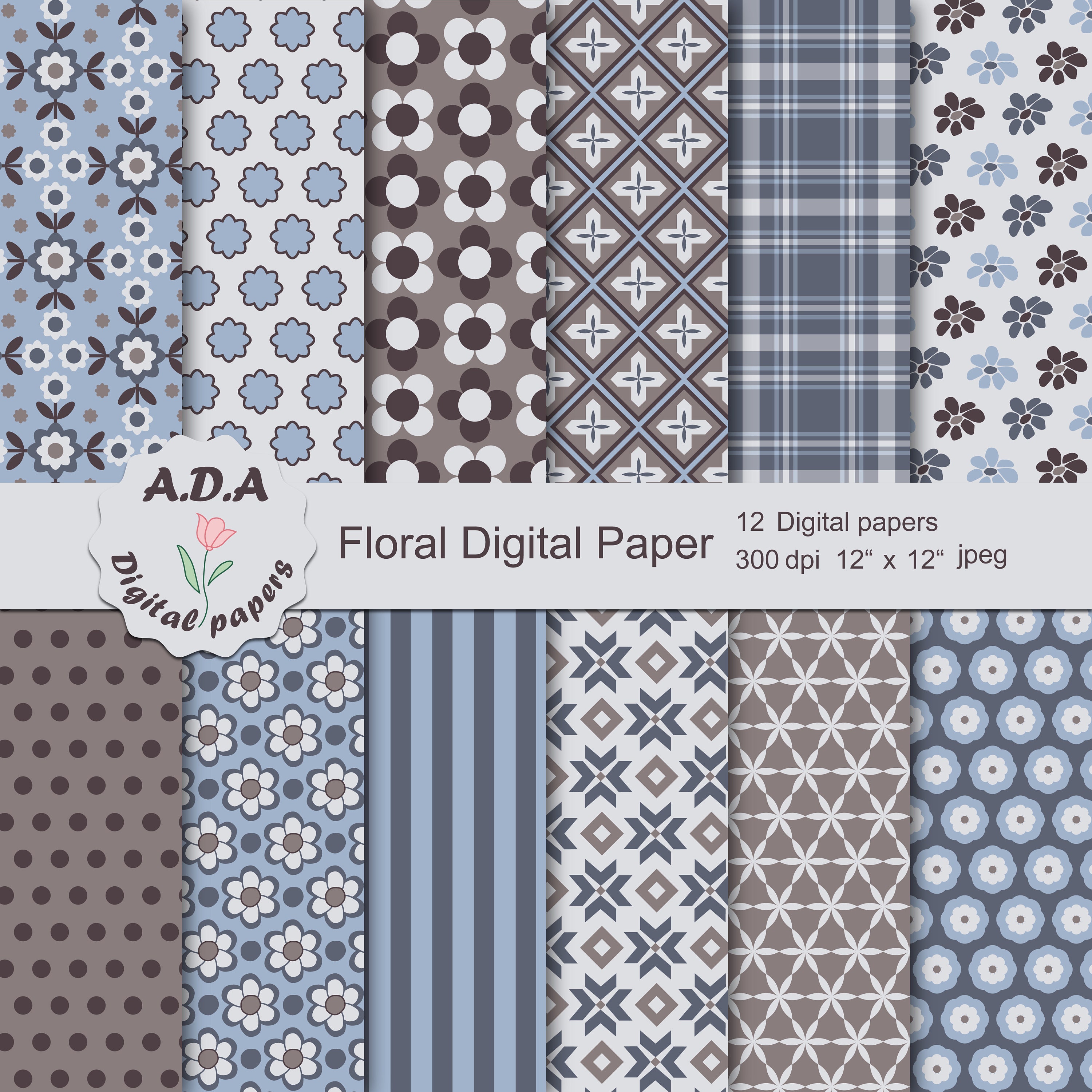 Brown and Light Blue Digital Paper Pack, Brown Scrapbooking Paper ...