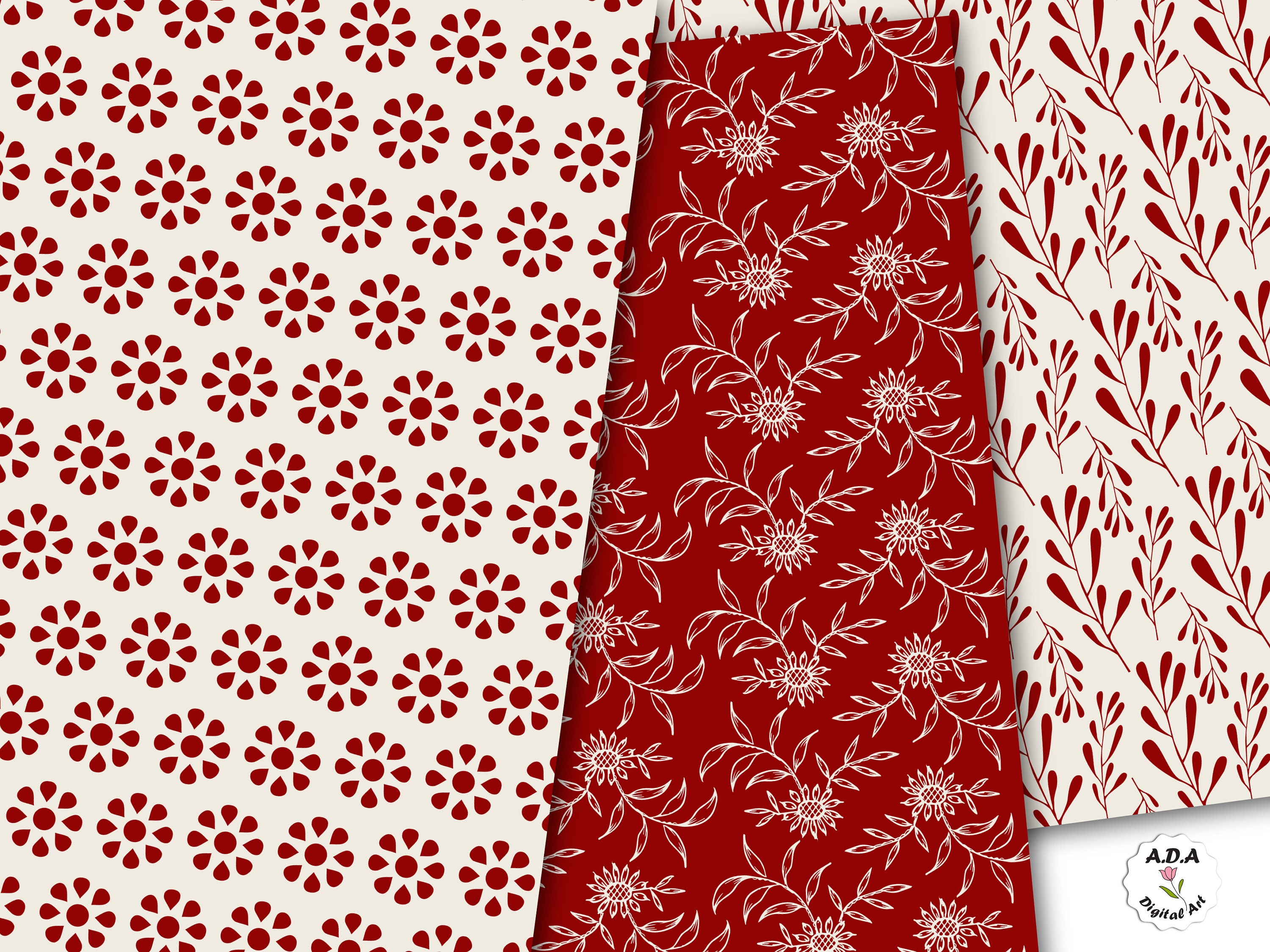 Dark Red Digital Paper, Red Floral Pattern, Red Scrapbook Paper, Dark ...