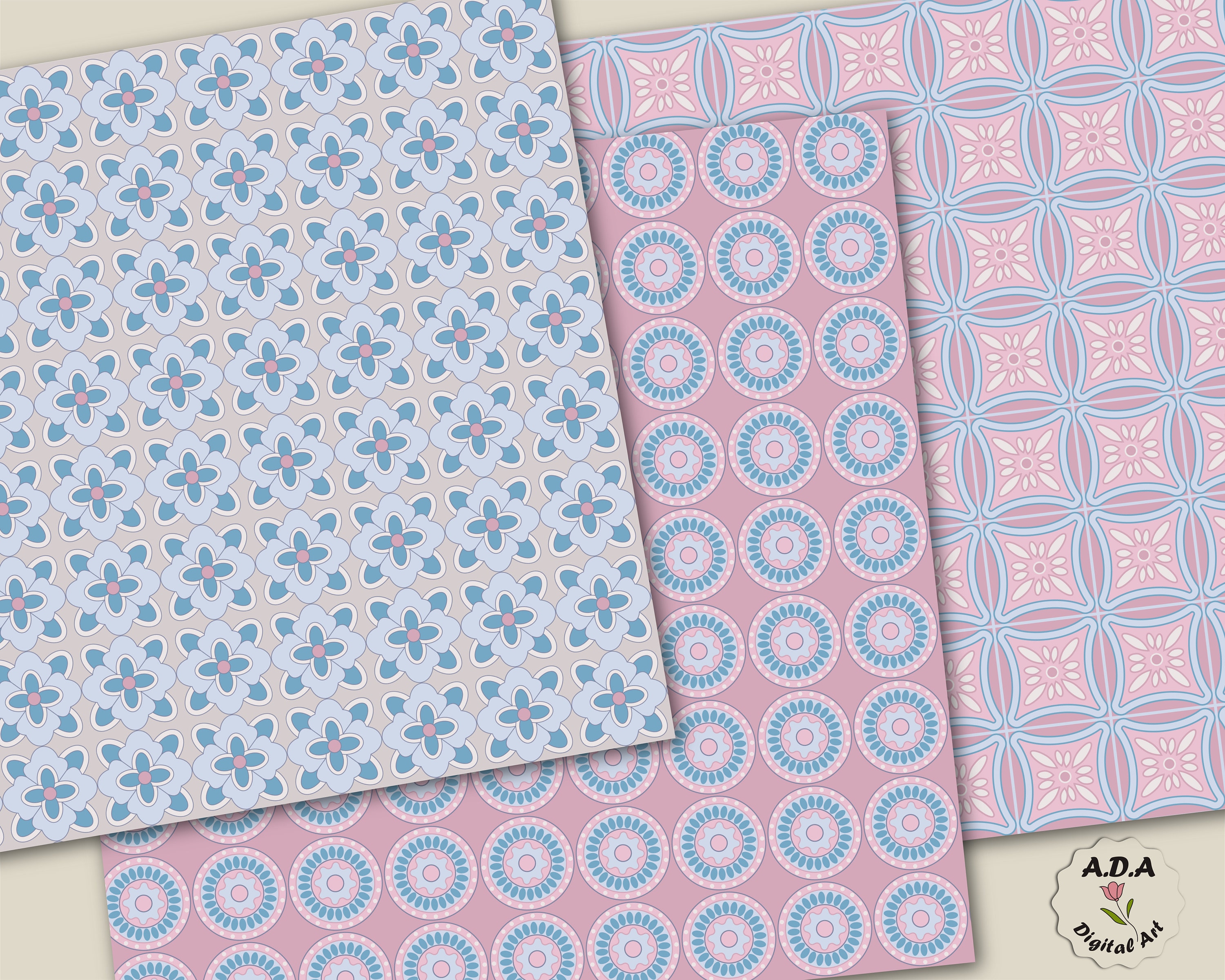 Retro Blue and Pink Digital Paper Pack, Floral Scrapbooking Paper, Blue ...
