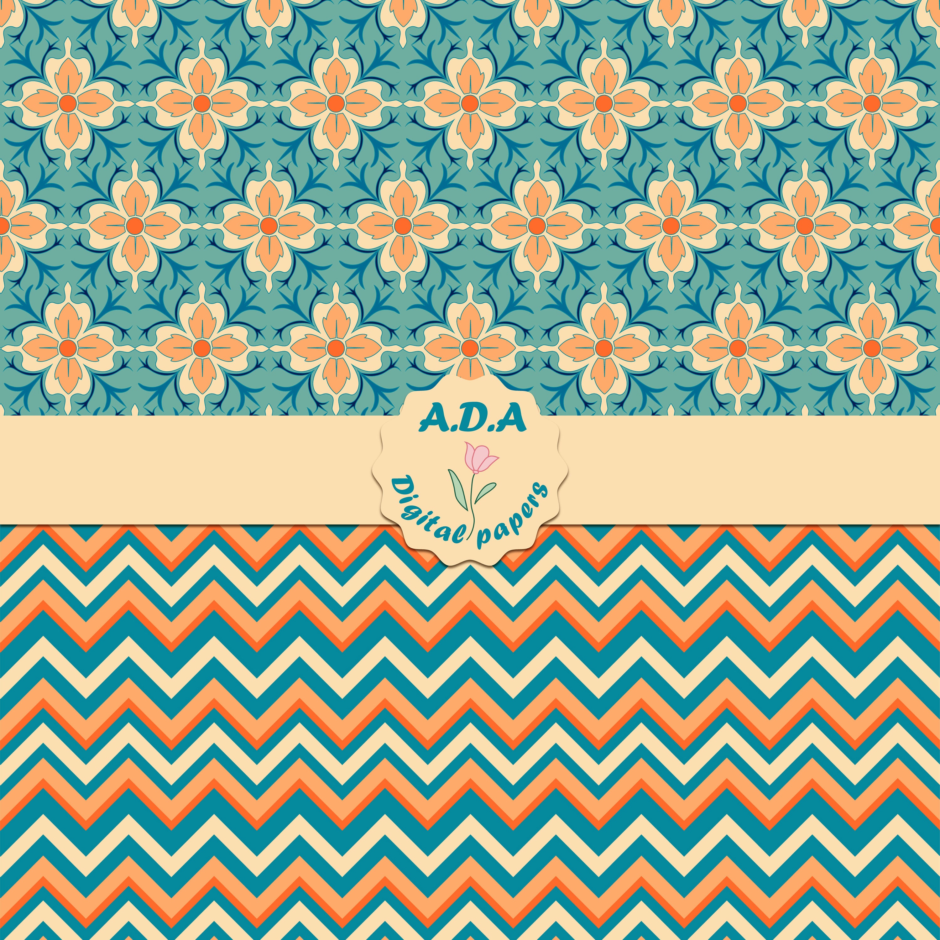 Orange and Blue Digital Paper Pack Orange and Blue Floral - Etsy