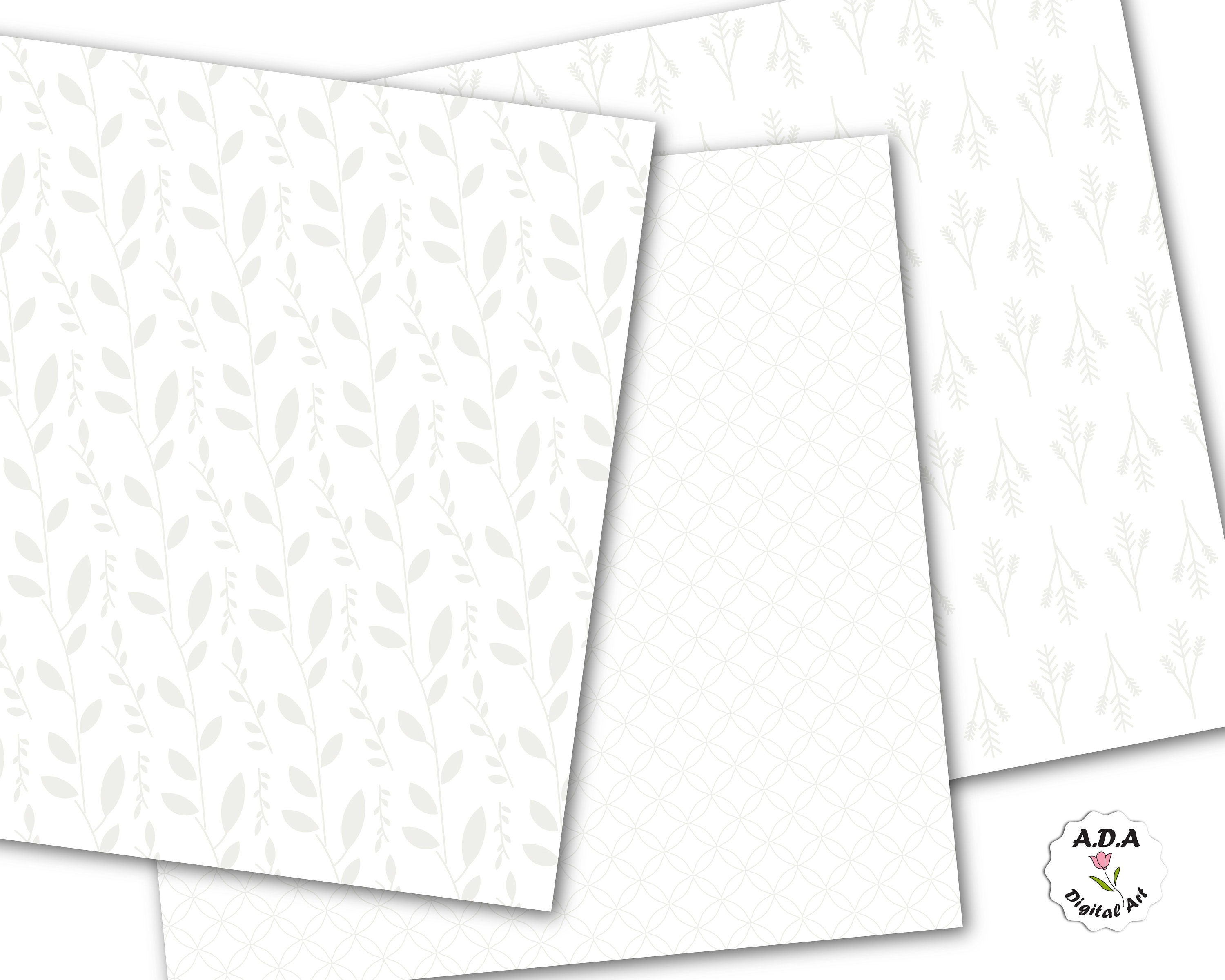 White Digital Paper, White Floral Pattern, White Geometric Pattern ...