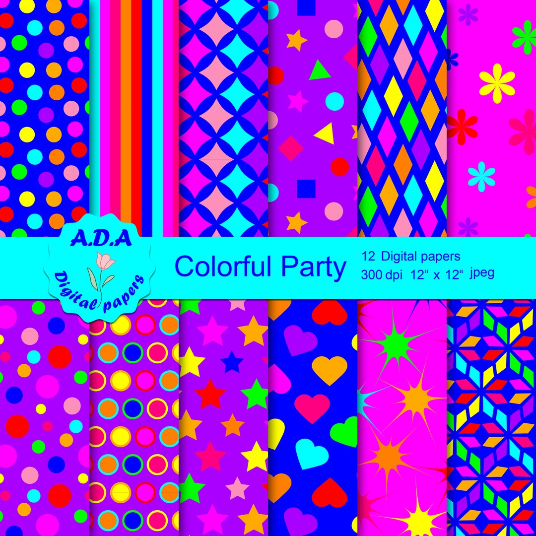 Colorful Rainbow Party Digital Paper Pack, Party Decoration, Rainbow ...