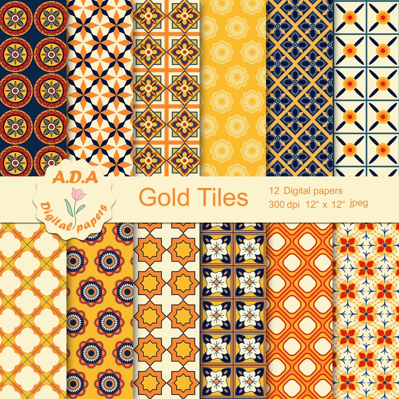 Gold and Blue Digital Paper, Gold Tiles Pattern, Yellow and Blue ...