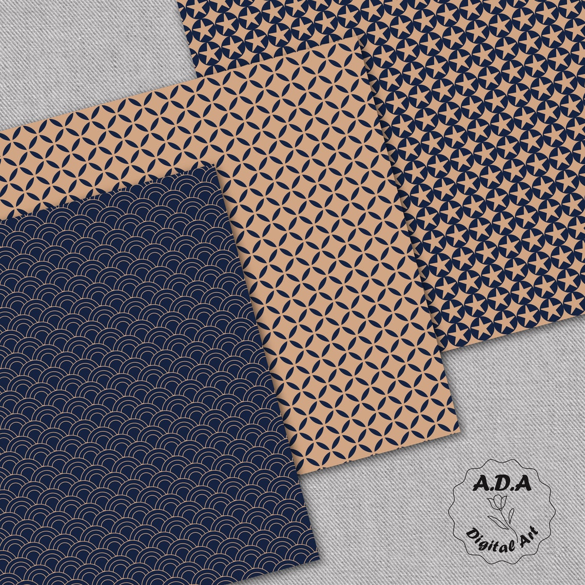 Blue and Beige Digital Paper Pack, Blue and Gold Scrapbooking Papers ...