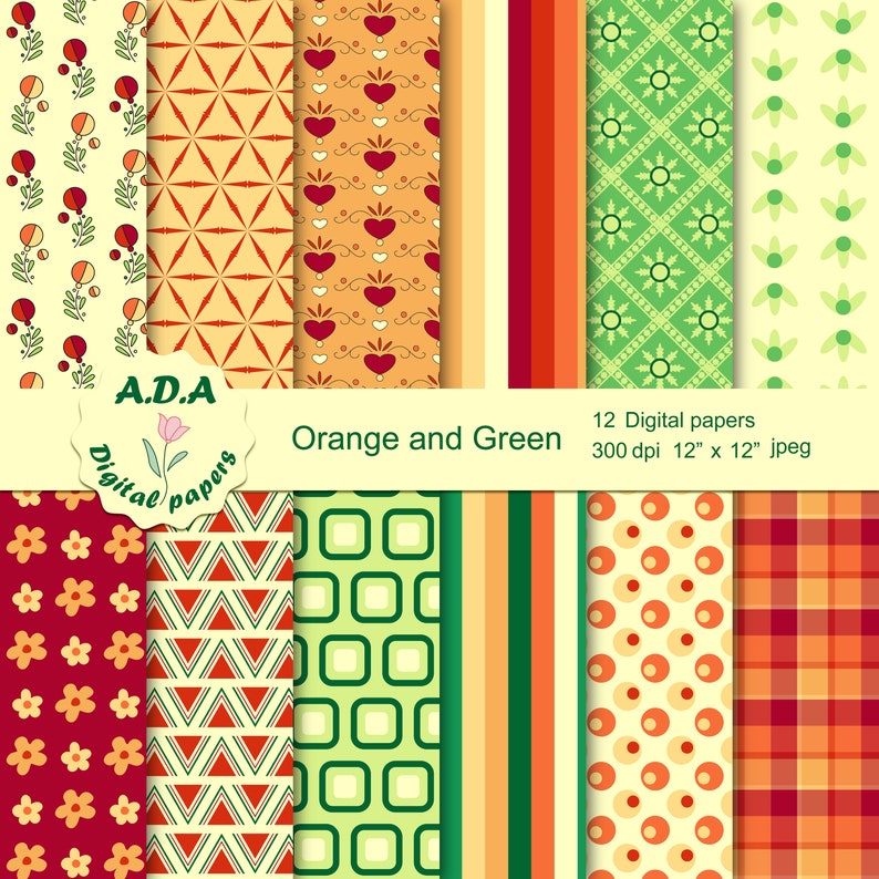 Orange and Green Digital Paper Pack, Scrapbooking Paper, Orange and ...