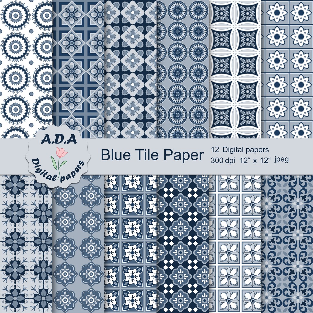 Blue Digital Paper, Blue Tiles Pattern, Blue Scrapbook Paper, Blue ...