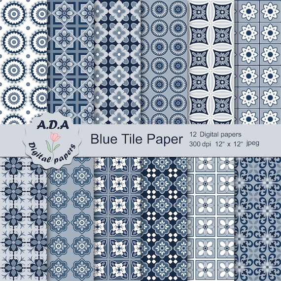 Blue Digital Paper Blue Tiles Pattern Blue Scrapbook Paper | Etsy