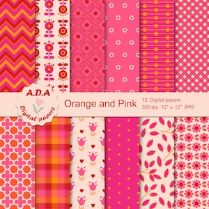 Orange and Pink Digital Paper Pack, Orange and Pink Scrapbooking Paper ...