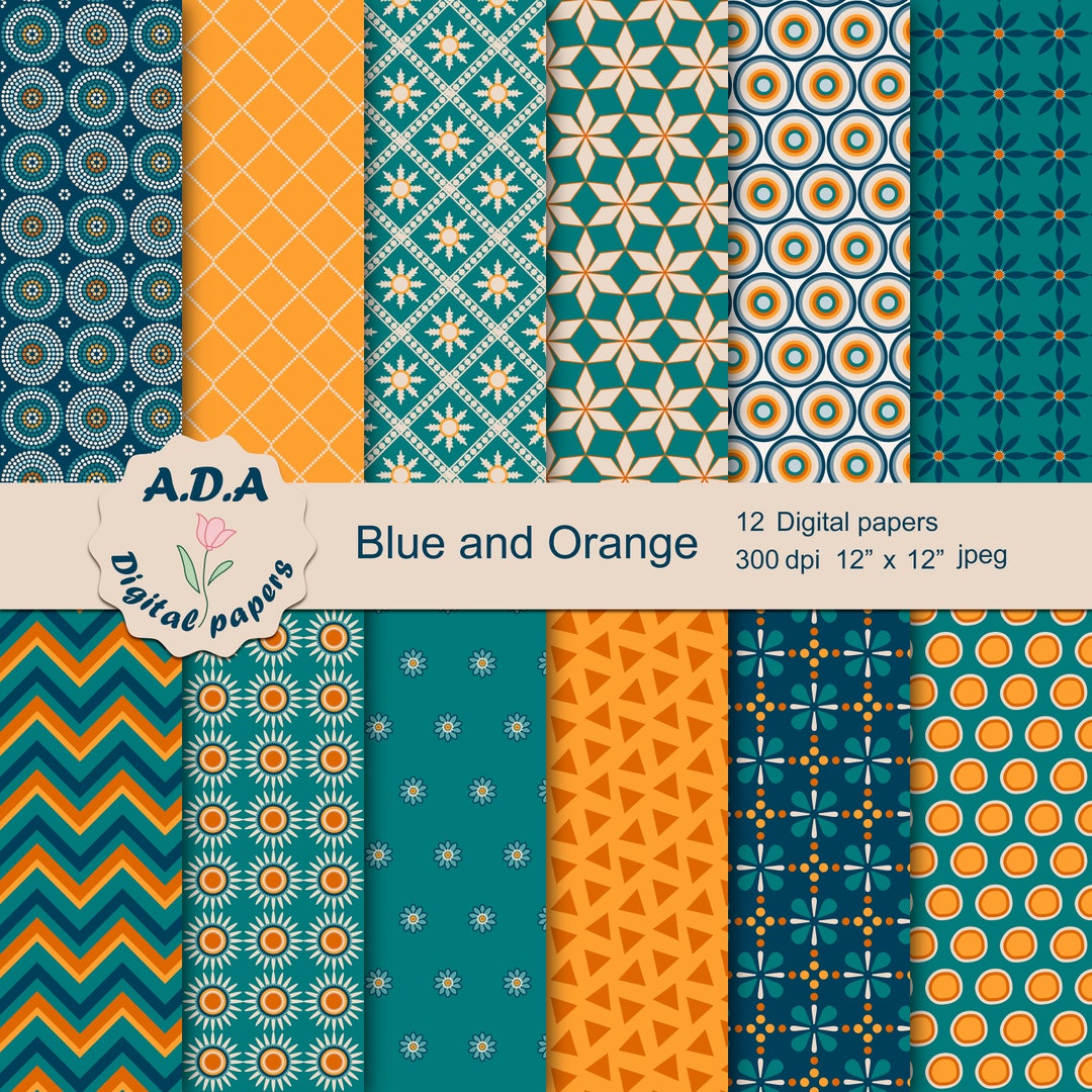 Blue and Orang Digital Paper Pack, Blue Scrapbooking Paper, Blue and ...