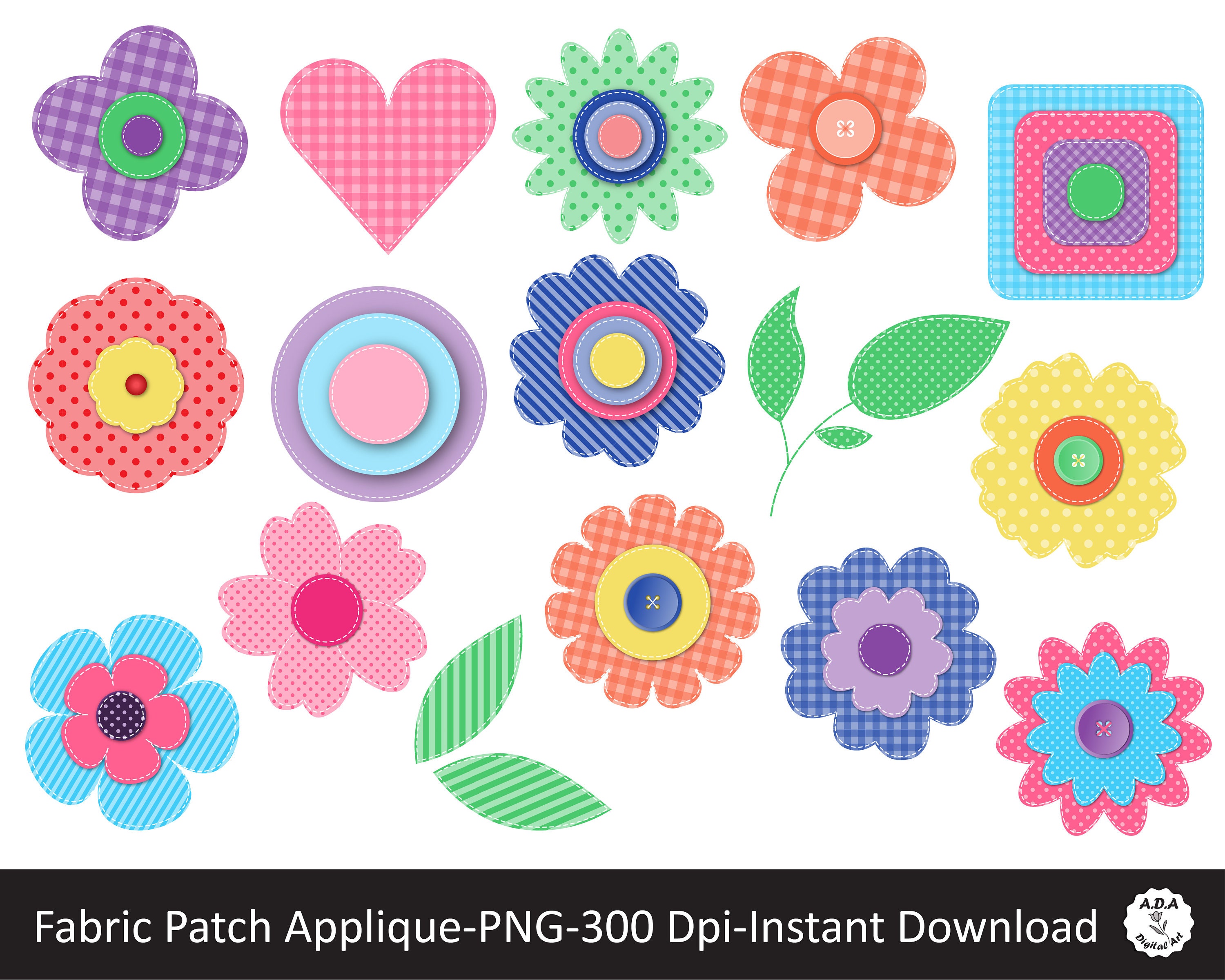 Floral Patch Applique, Flower Clip Art, Cute Flower Clipart, Patterned ...