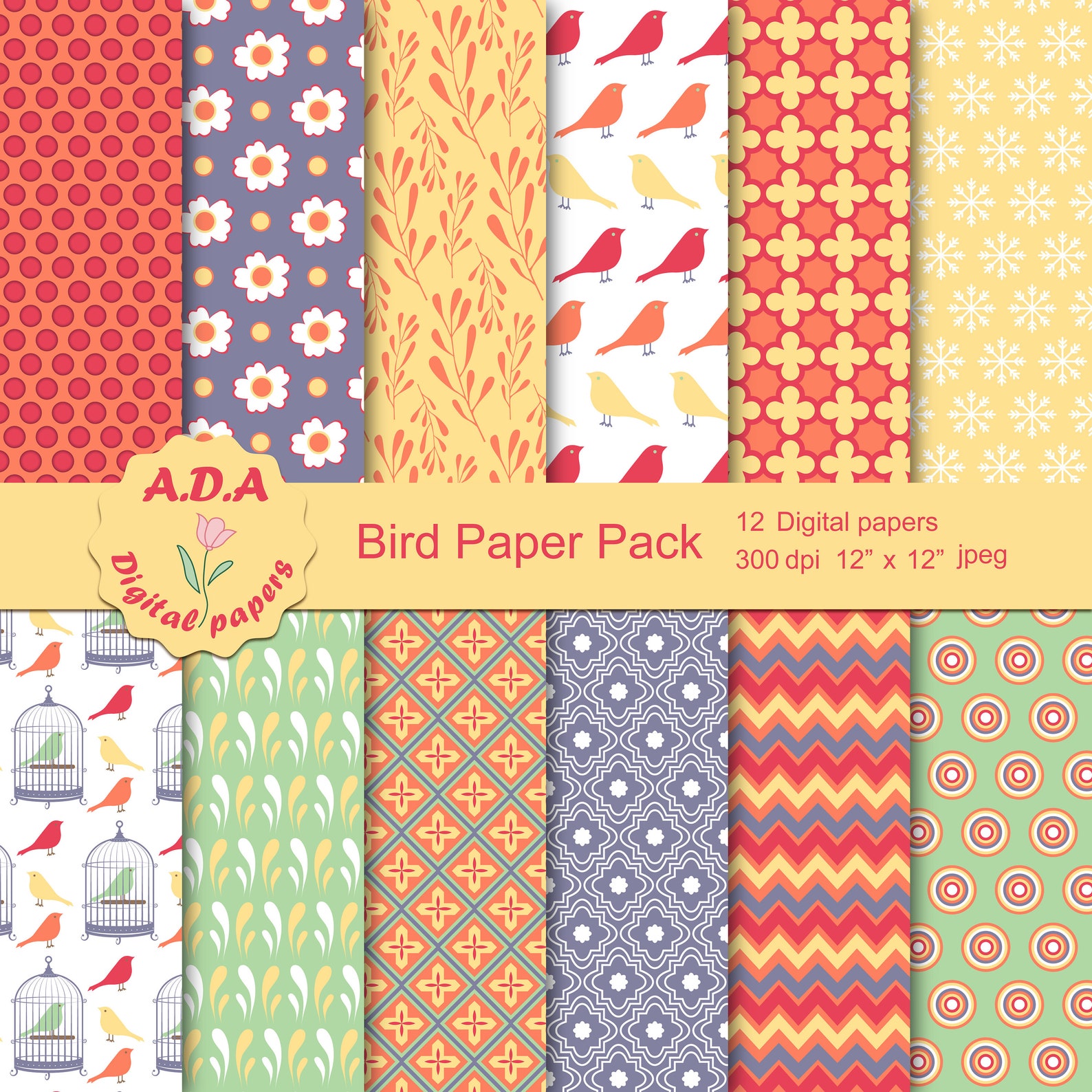 Bird Paper Pack, Bird Scrapbooking Paper, Floral Pattern, Floral ...