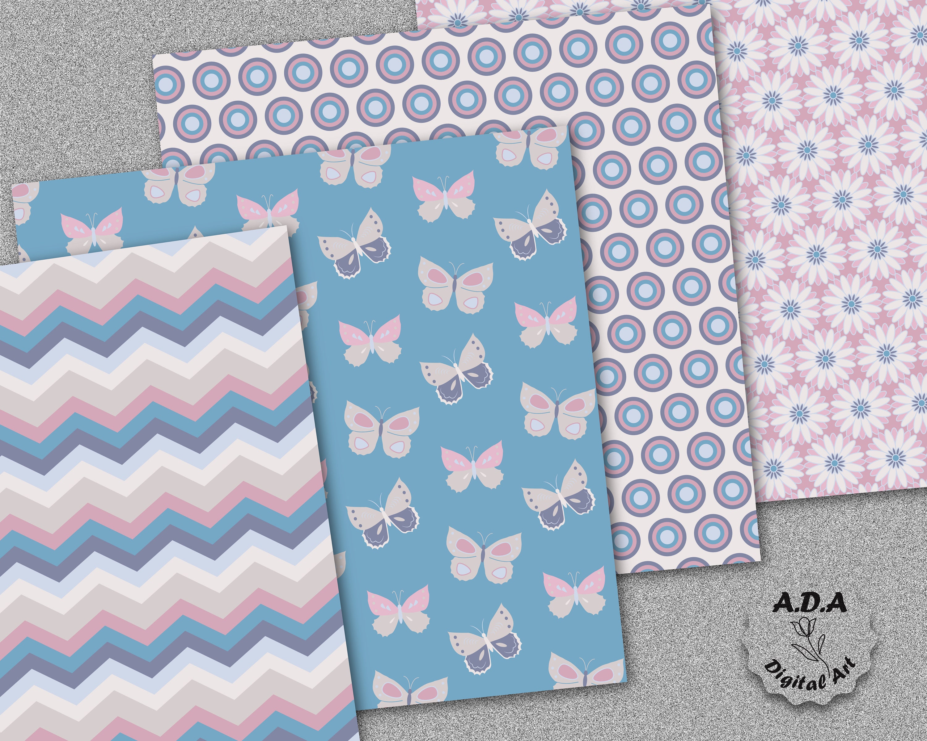Blue and Pink Digital Paper, Pastel Butterfly Scrapbook Paper, Floral ...