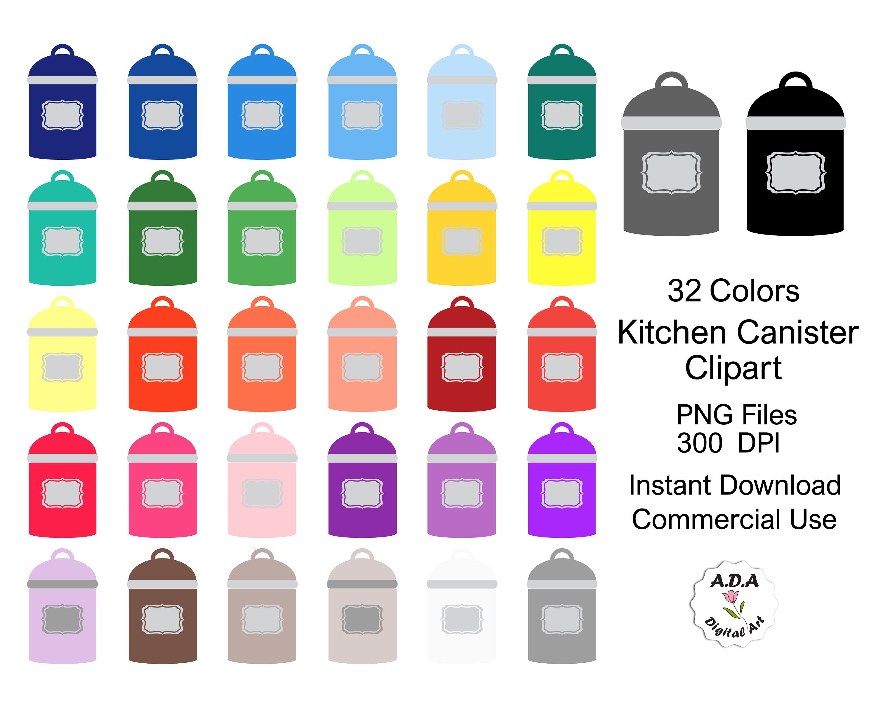 Kitchen Canister Clipart, 32 Colors Kitchen Container Clip Art, Bright ...