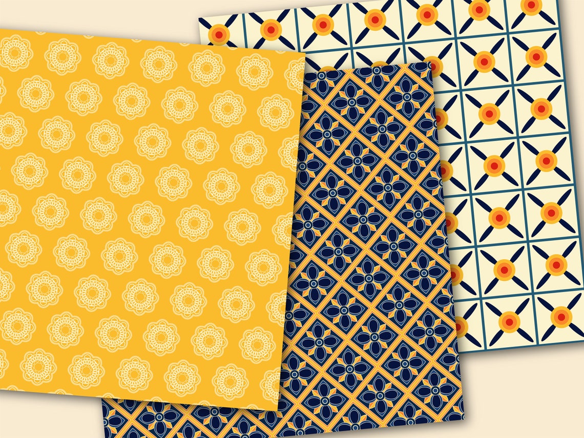 Gold and Blue Digital Paper, Gold Tiles Pattern, Yellow and Blue ...