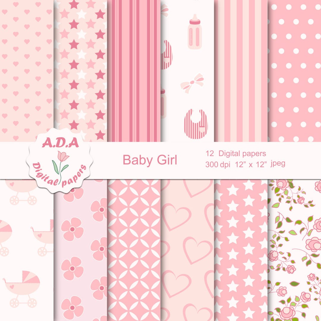 Baby Girl Pink Printable Digital Paper Pack, Baby Shower Patterns ...