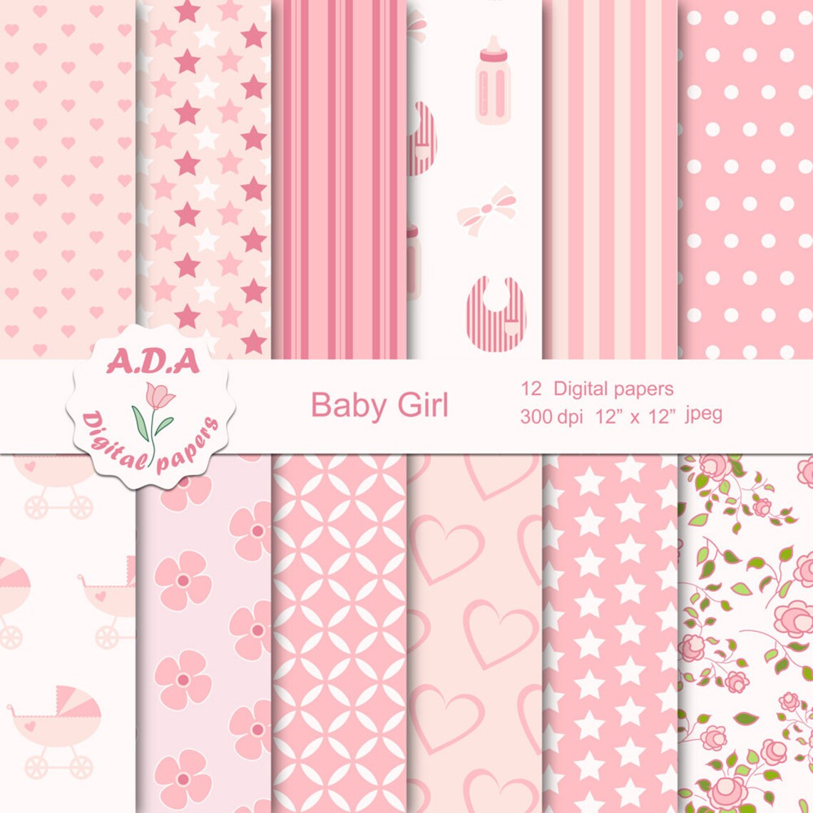 Baby Girl Pink Printable Digital Paper Pack, Baby Shower Patterns ...