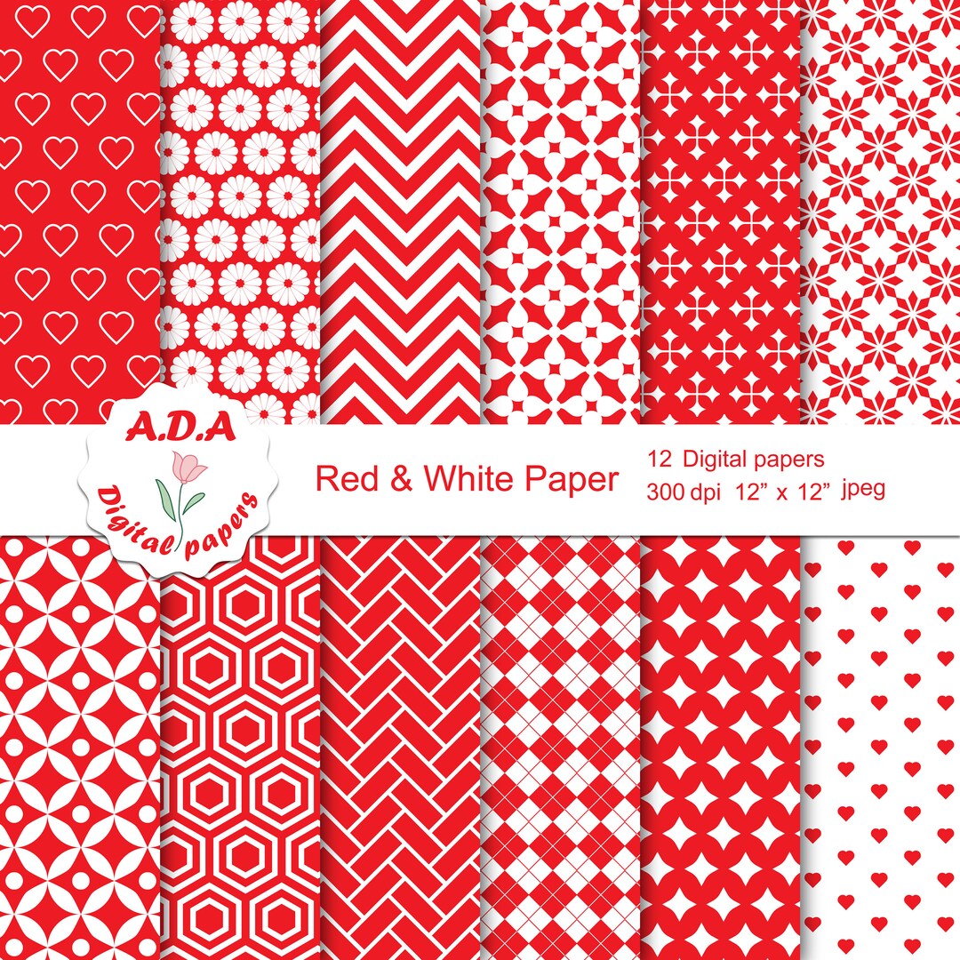 Red and White Digital Paper Pack, Red Scrapbooking Paper, Red and White ...