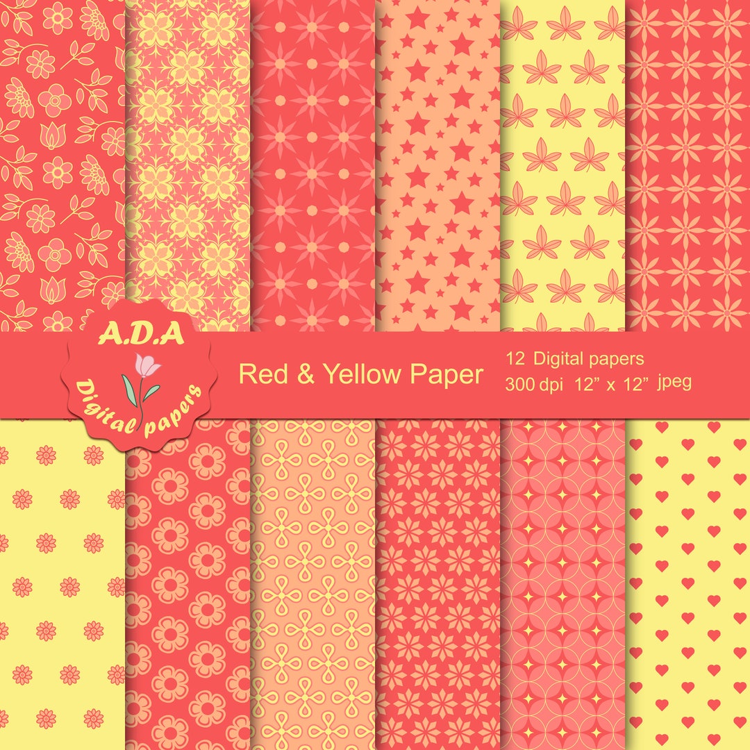 Red and Yellow Digital Paper Pack, Red Scrapbooking Paper, Red and ...