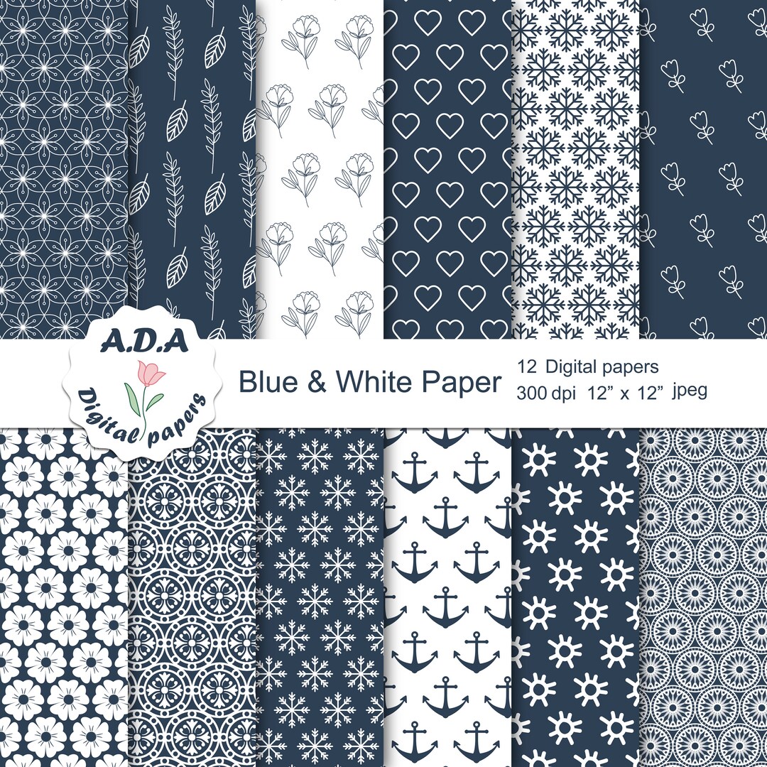 Blue and White Digital Paper Pack, Blue Scrapbooking Paper, Blue and ...
