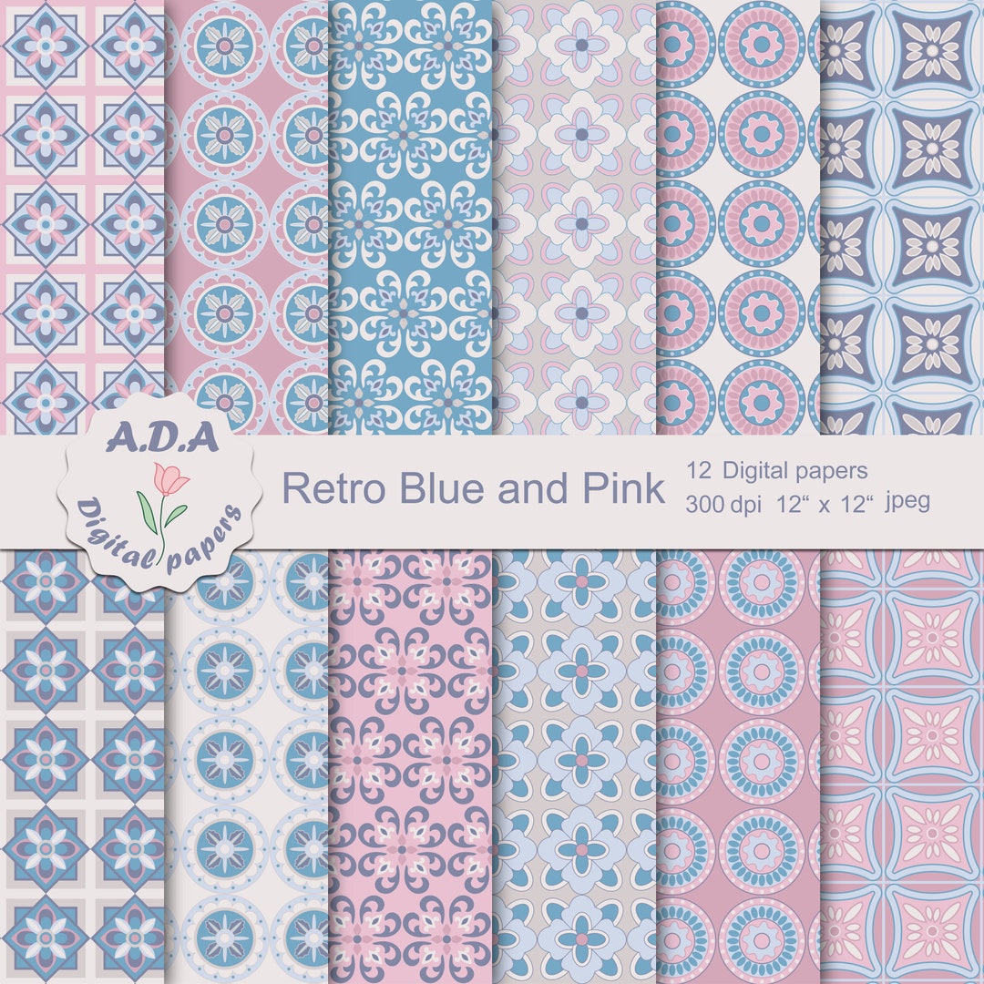 Retro Blue and Pink Digital Paper Pack, Floral Scrapbooking Paper, Blue ...