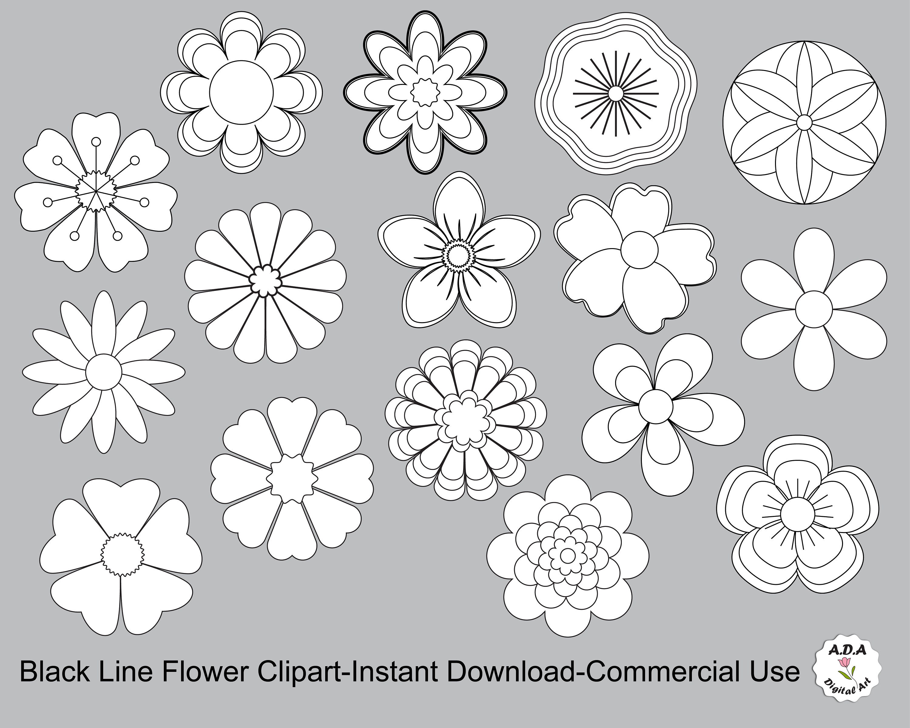 Black Line Flowers Clipart, Floral Line Art Clip Art, Flower Clipart ...