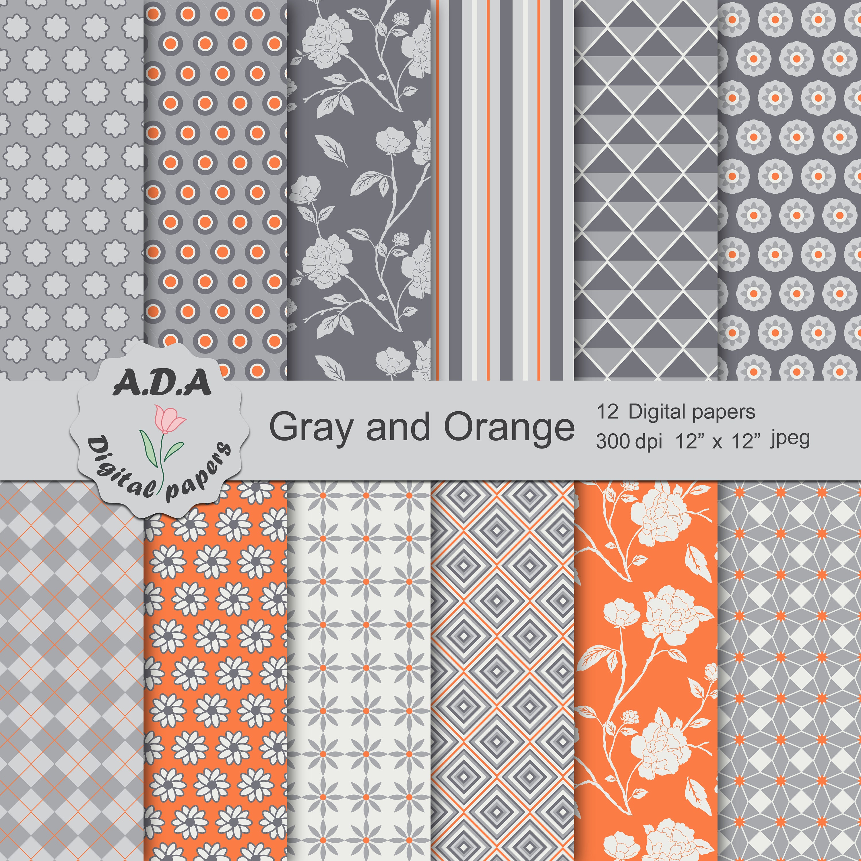 Gray and Orang Digital Paper Pack, Gray Scrapbooking Paper, Gray and ...