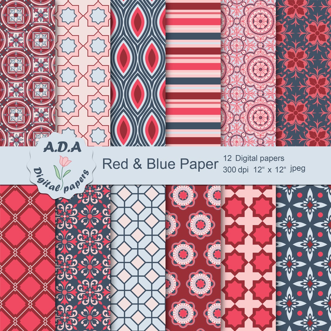Red and Blue Digital Paper Pack, Red and Blue Scrapbook Paper, Red ...