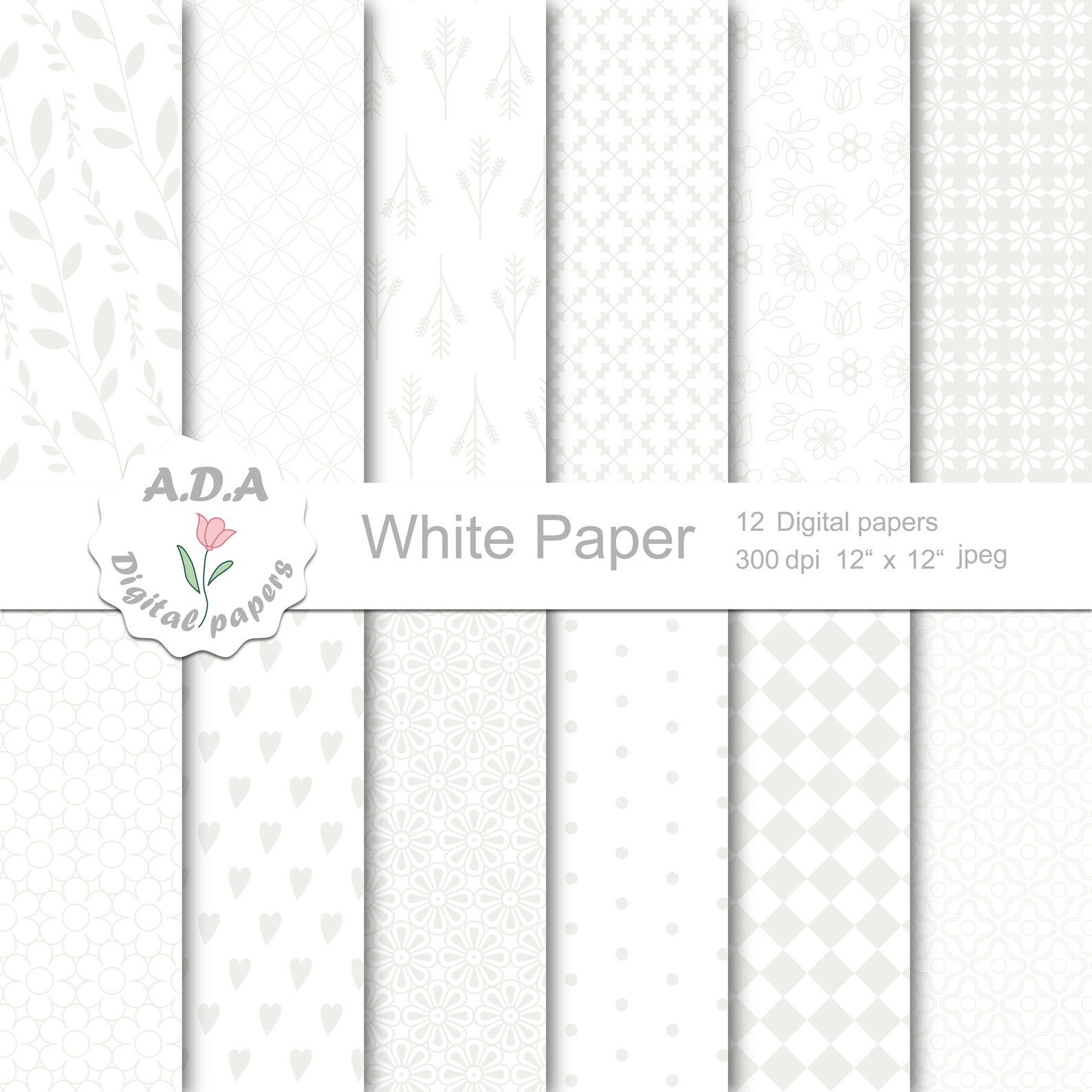 White Digital Paper, White Floral Pattern, White Geometric Pattern ...