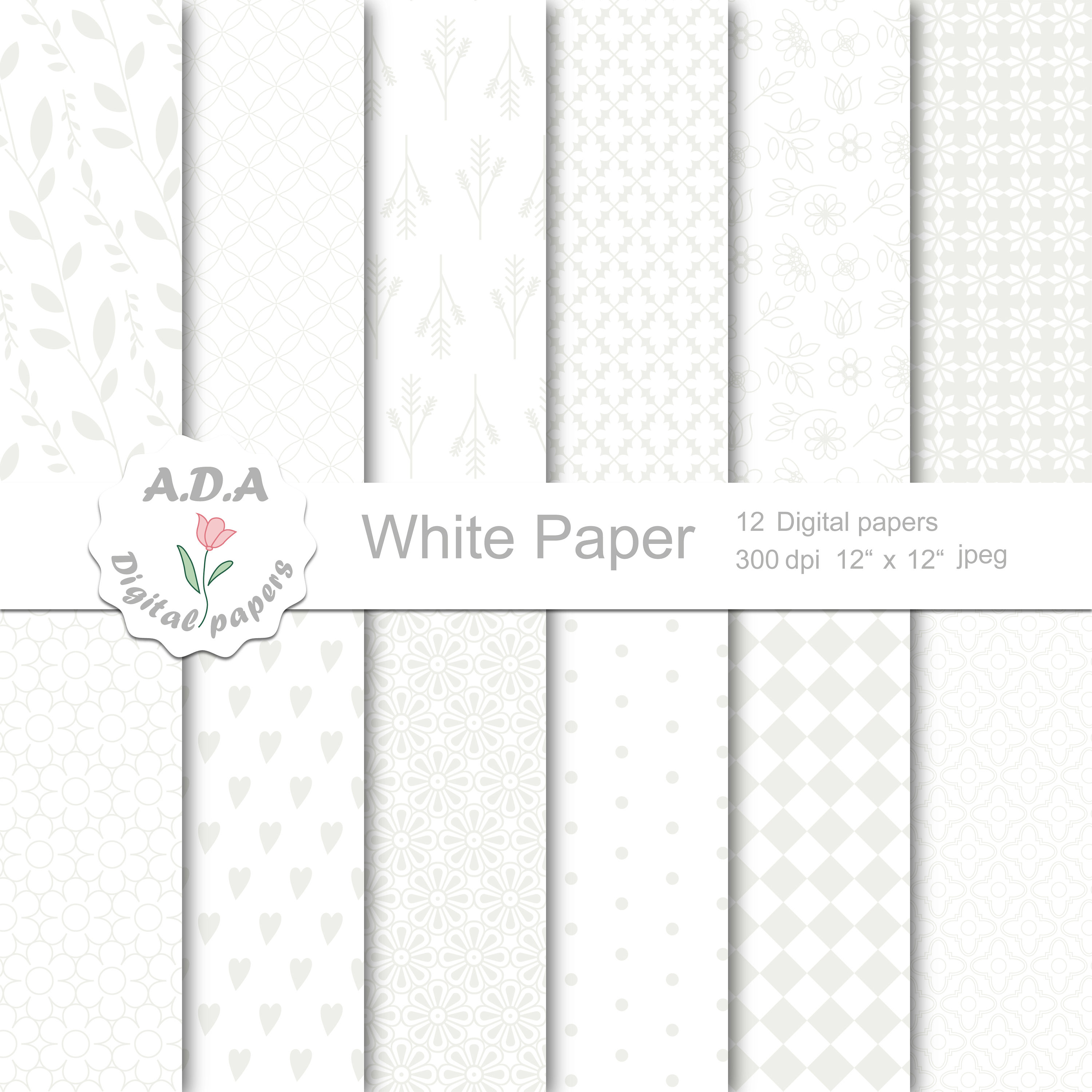 White Digital Paper, White Floral Pattern, White Geometric Pattern ...