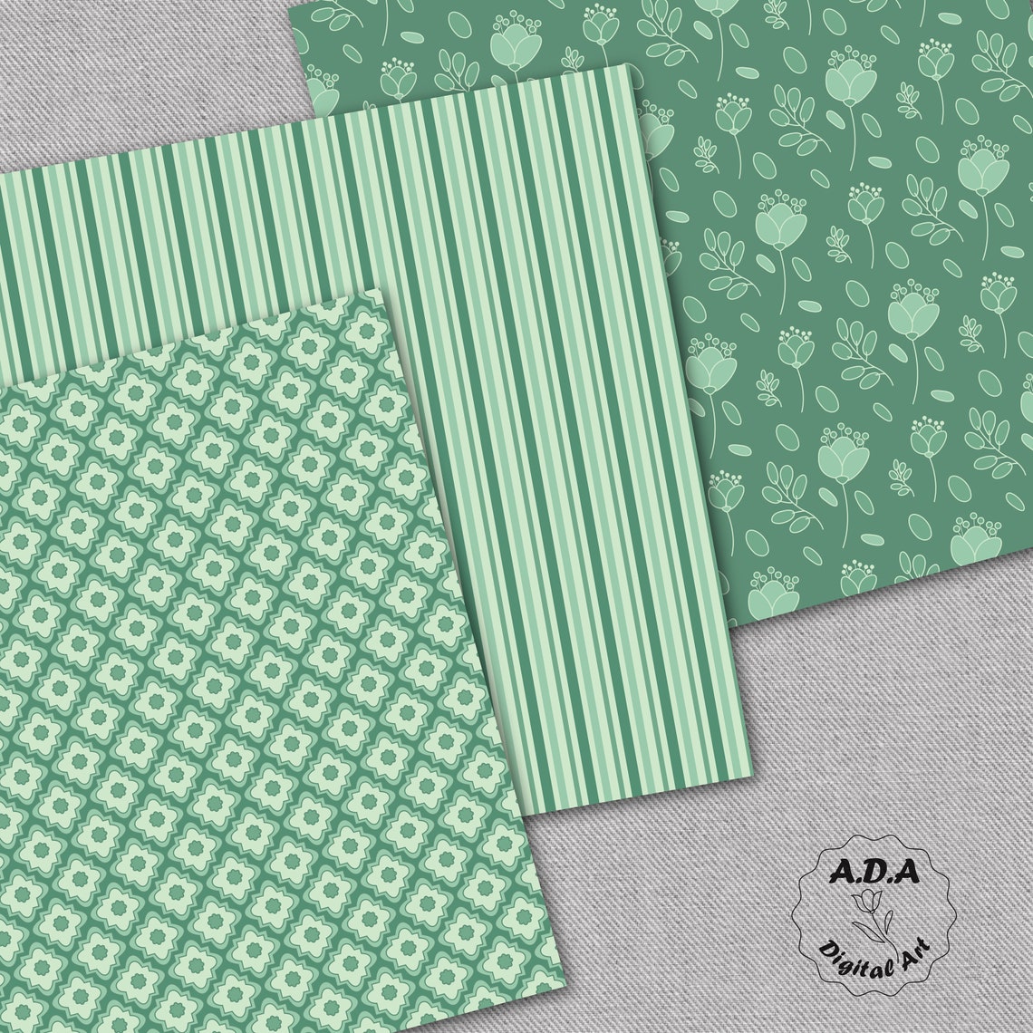 Green Digital Paper, Green Floral Pattern, Green Scrapbook Paper, Green ...