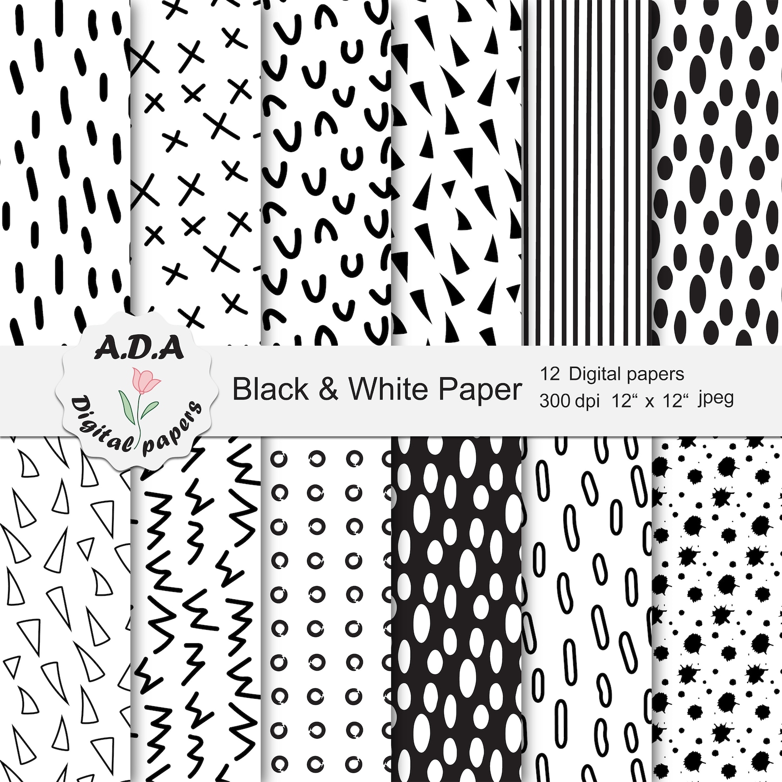 Black and White Paper, Black and White Scrapbooking Paper, Black and ...
