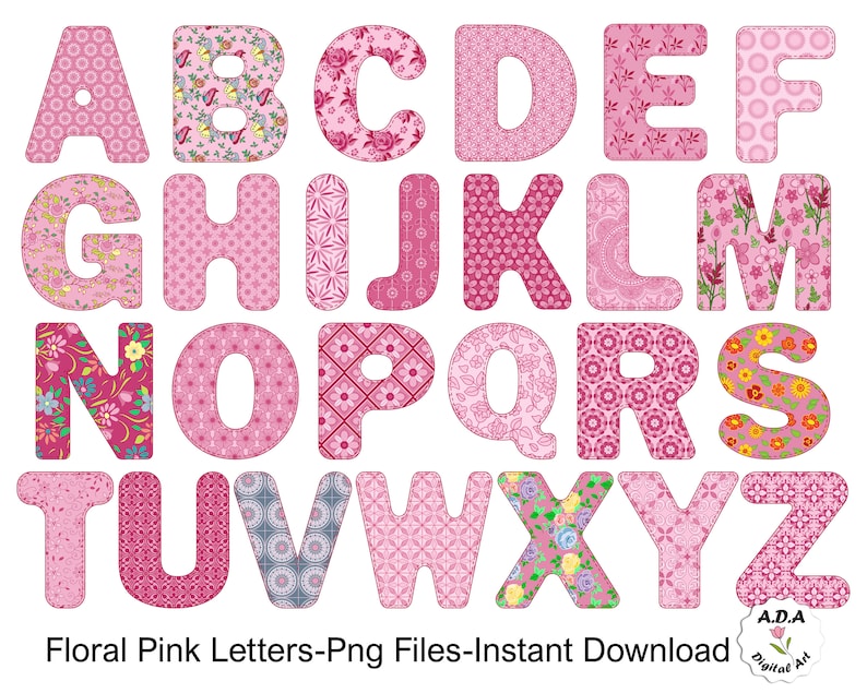 Pink Letter Clipart, Floral Alphabet Letters Clip Art, Floral Pink ...