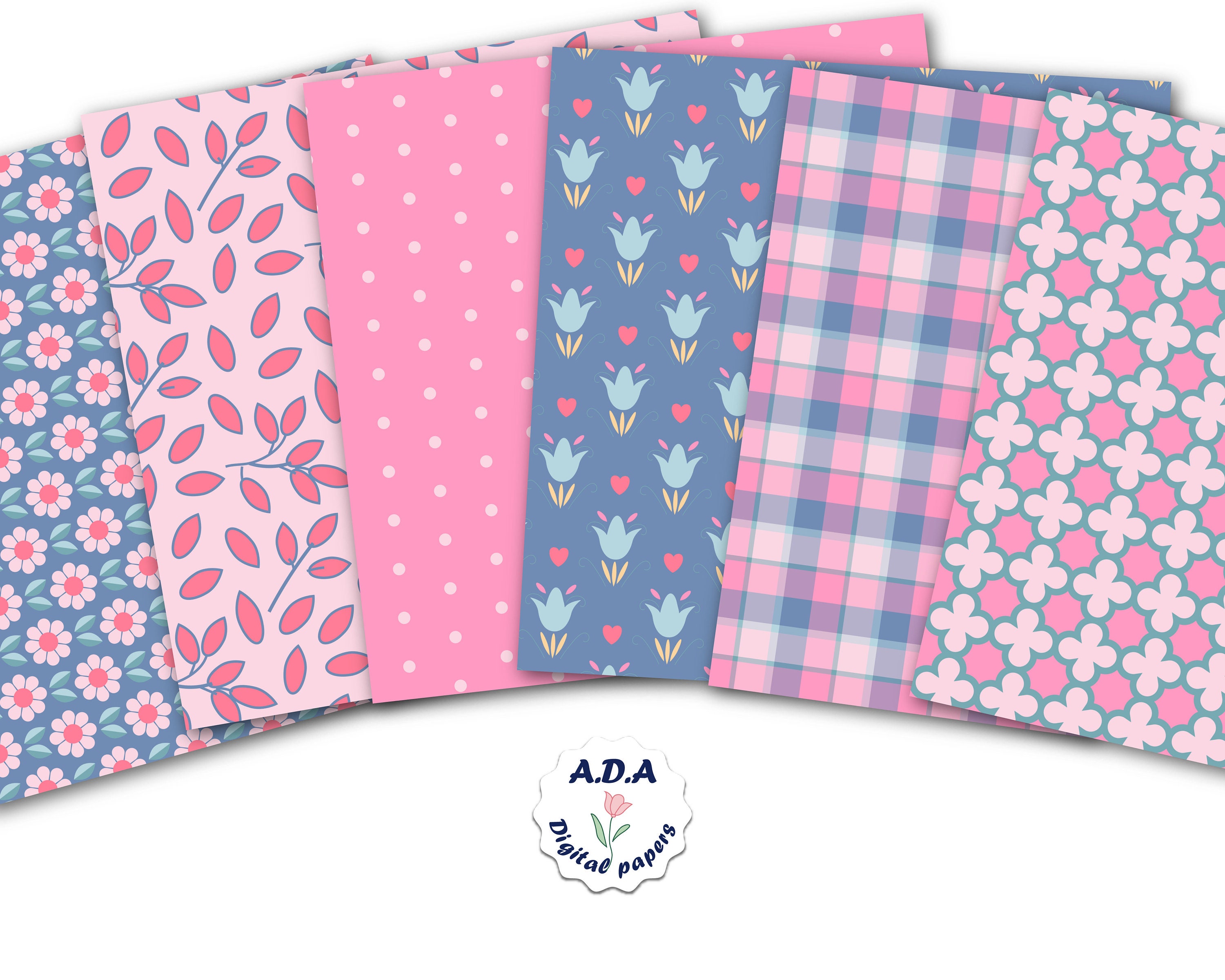 Pink and Blue Digital Paper Pack, Floral Scrapbooking Paper, Spring ...