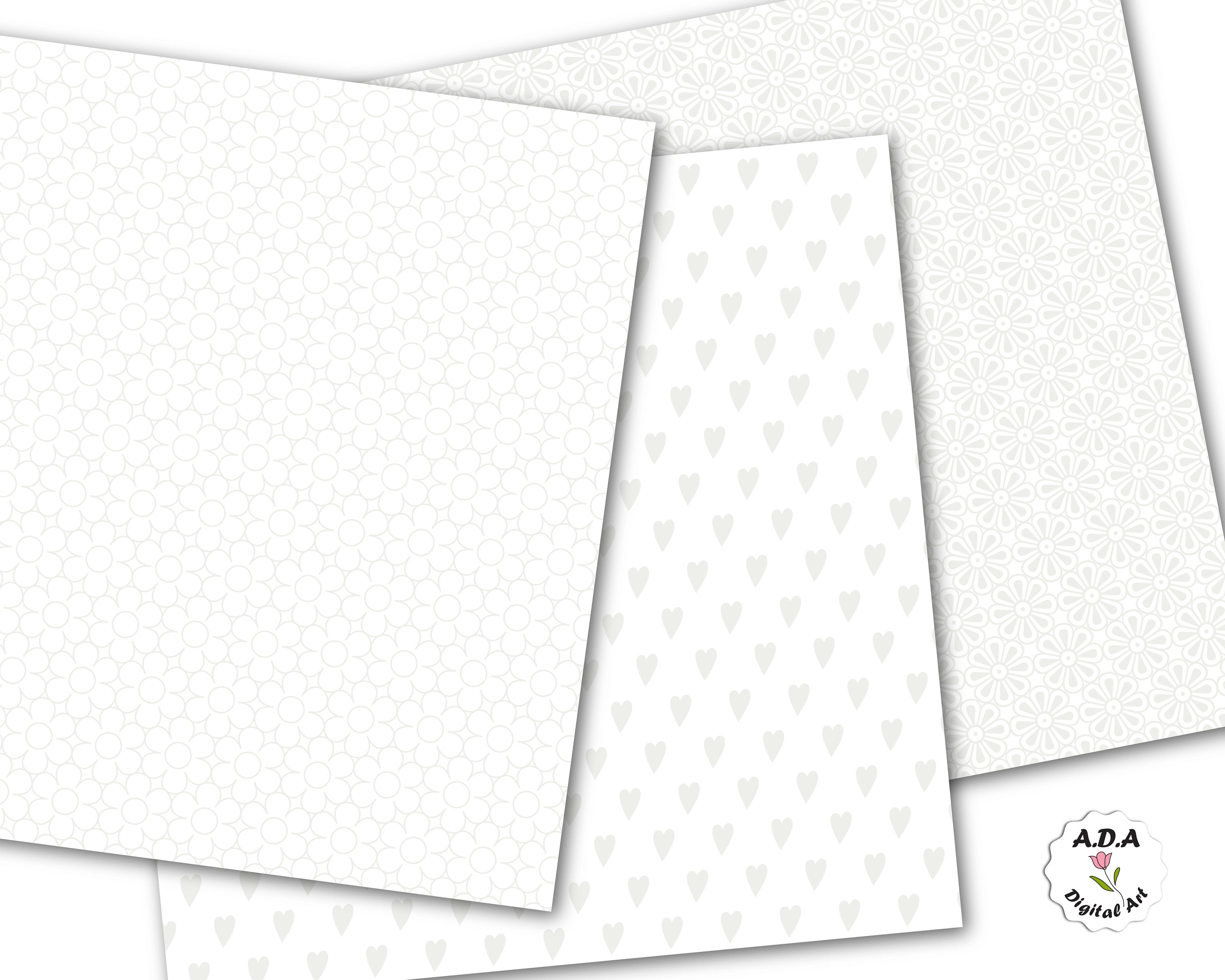 White Digital Paper, White Floral Pattern, White Geometric Pattern ...